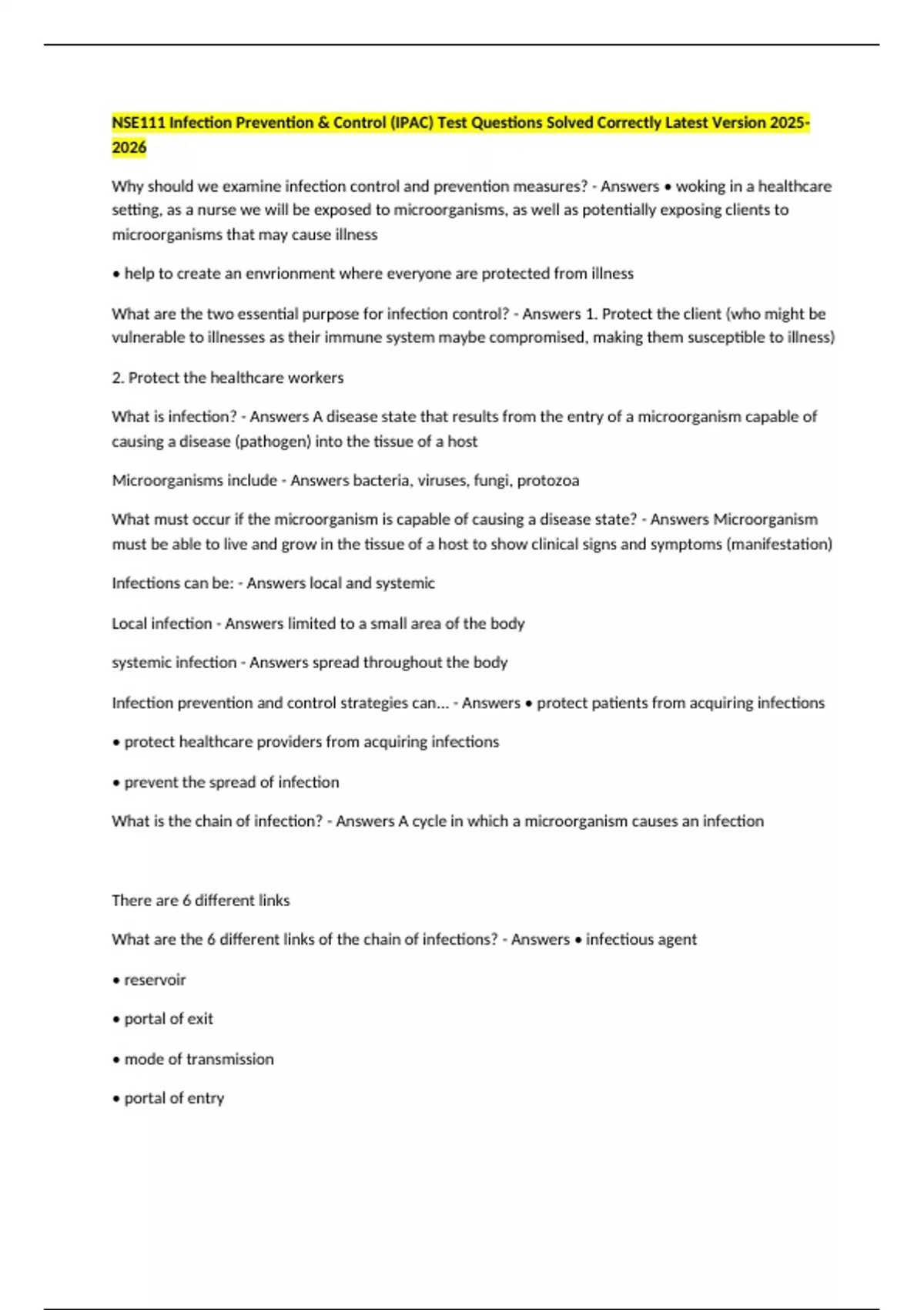 NSE111 Infection Prevention & Control (IPAC) Test Questions Solved ...