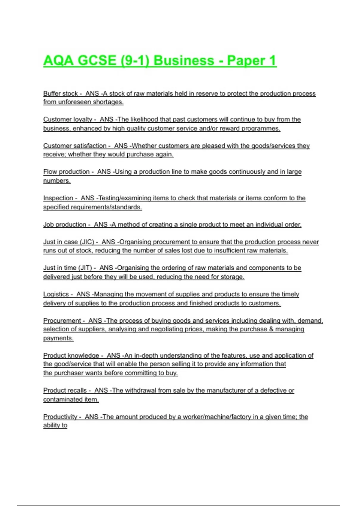 AQA GCSE (9-1) Business - Paper 1 Exam Questions with correct Answers ...