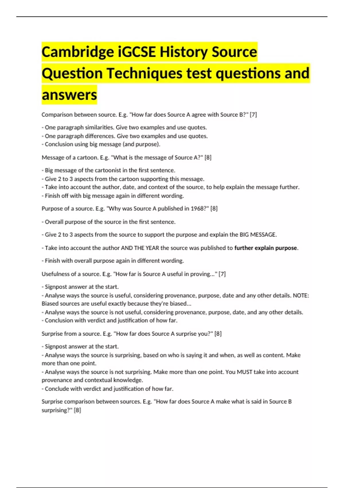 Cambridge iGCSE History Source Question Techniques test questions and ...