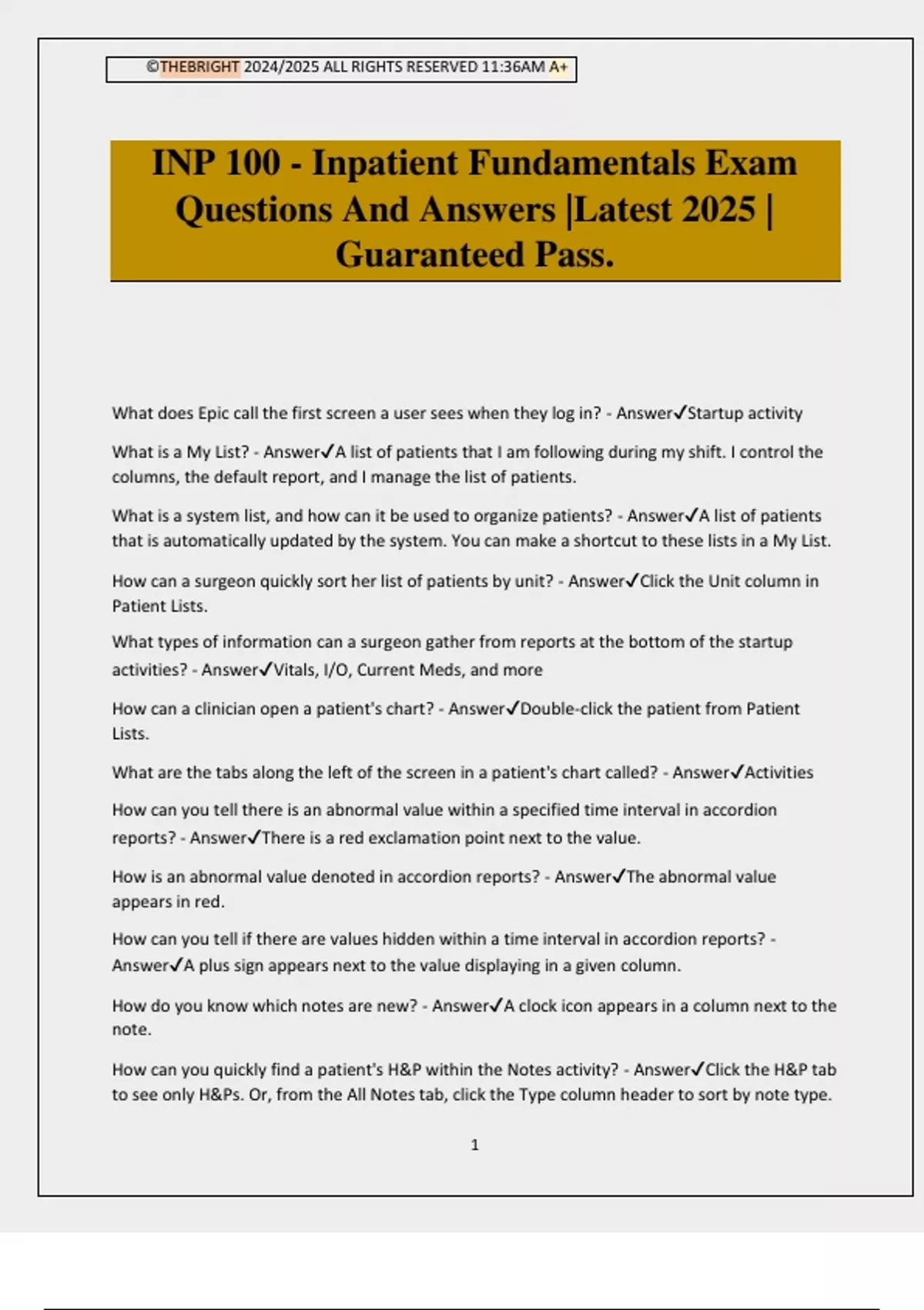 INP 100 - Inpatient Fundamentals Exam Questions And Answers |Latest ...