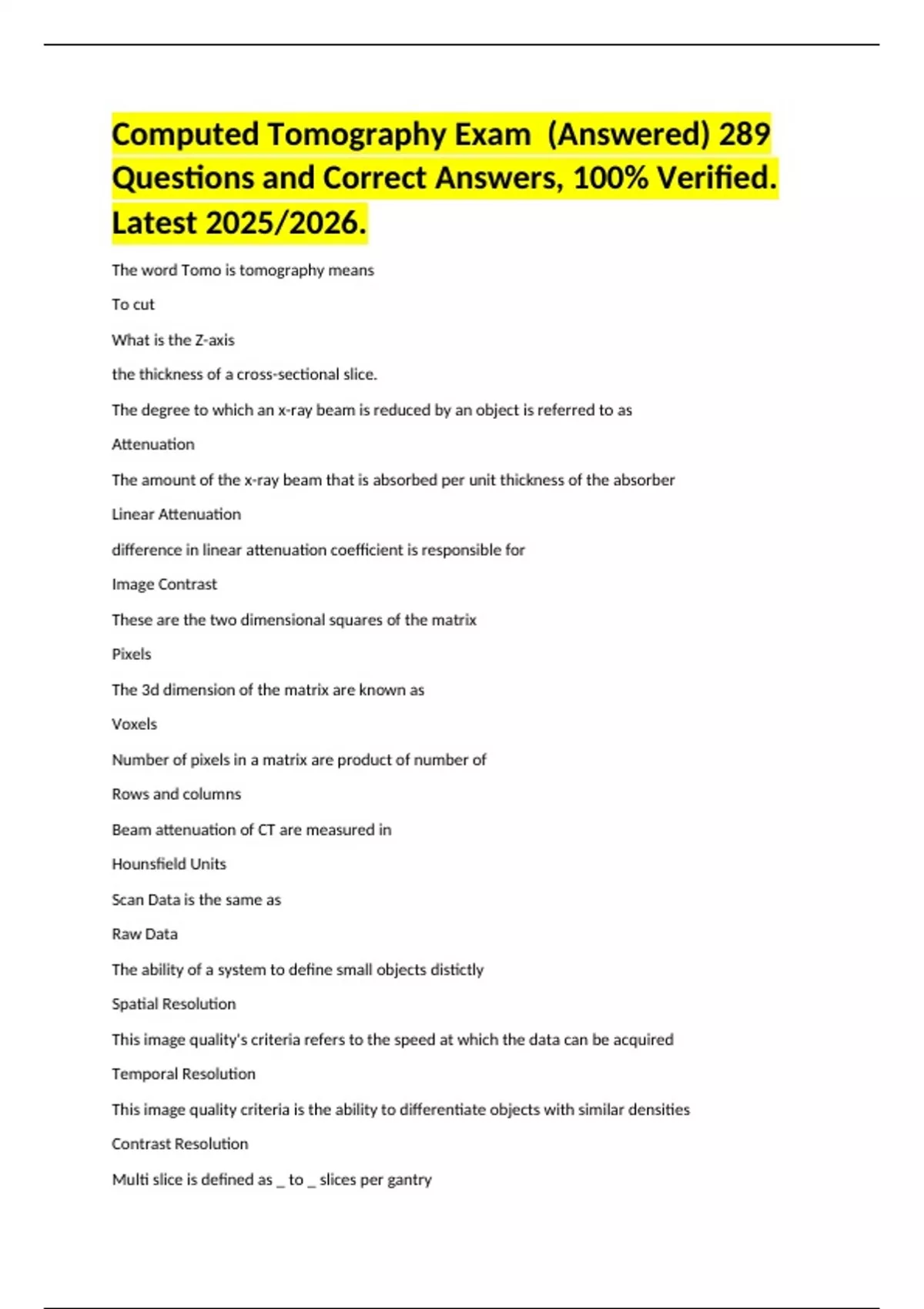 Computed Tomography Exam (Answered) 289 Questions and Correct Answers ...