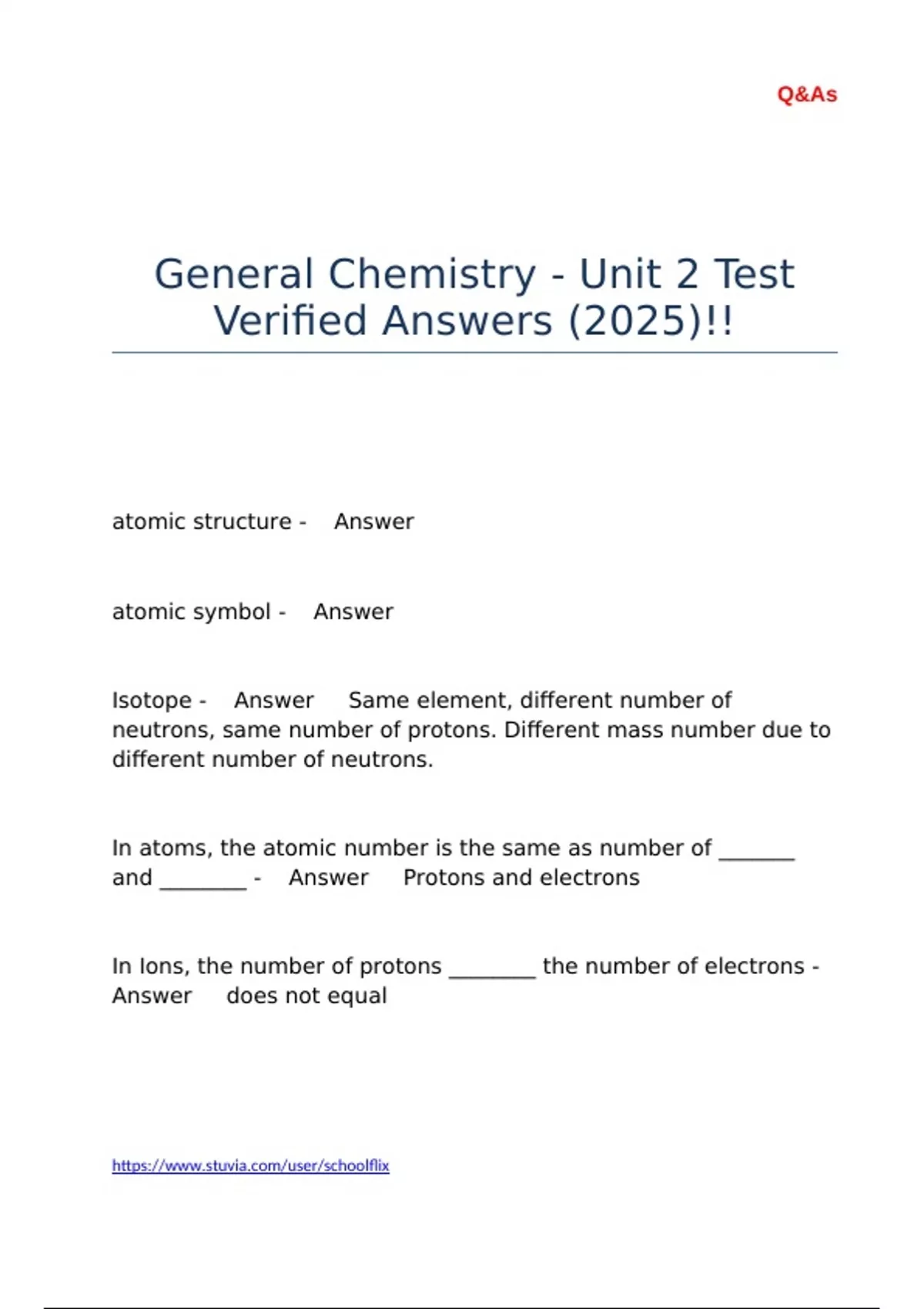 General Chemistry - Unit 2 Test Verified Answers (2025)!! - General ...