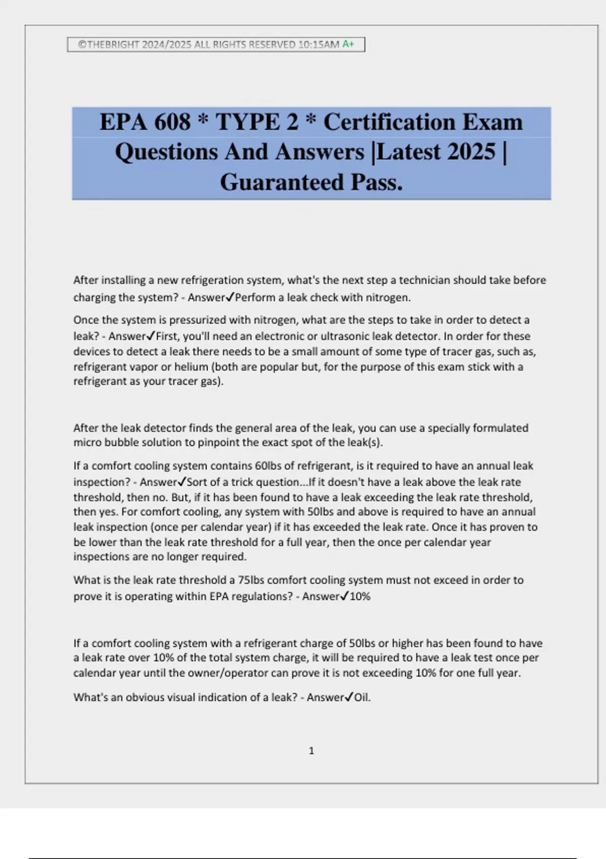 EPA 608 * TYPE 2 * Certification Exam Questions And Answers |Latest ...
