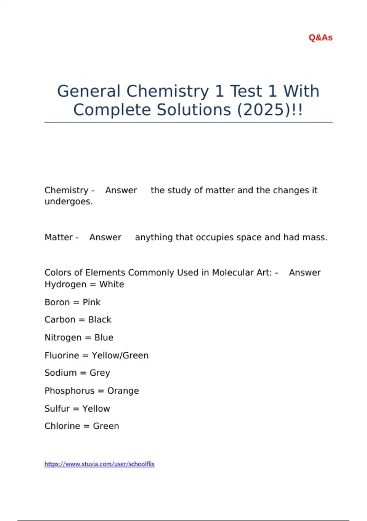 General Chemistry 1 Test 1 With Complete Solutions (2025)!! - General ...