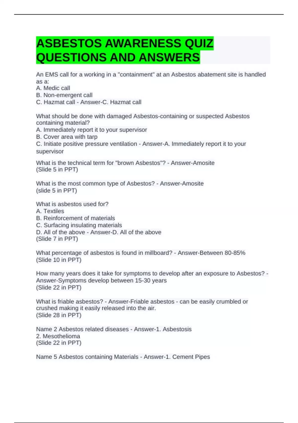 ASBESTOS AWARENESS QUIZ QUESTIONS AND ANSWERS - Asbestosis - Stuvia US