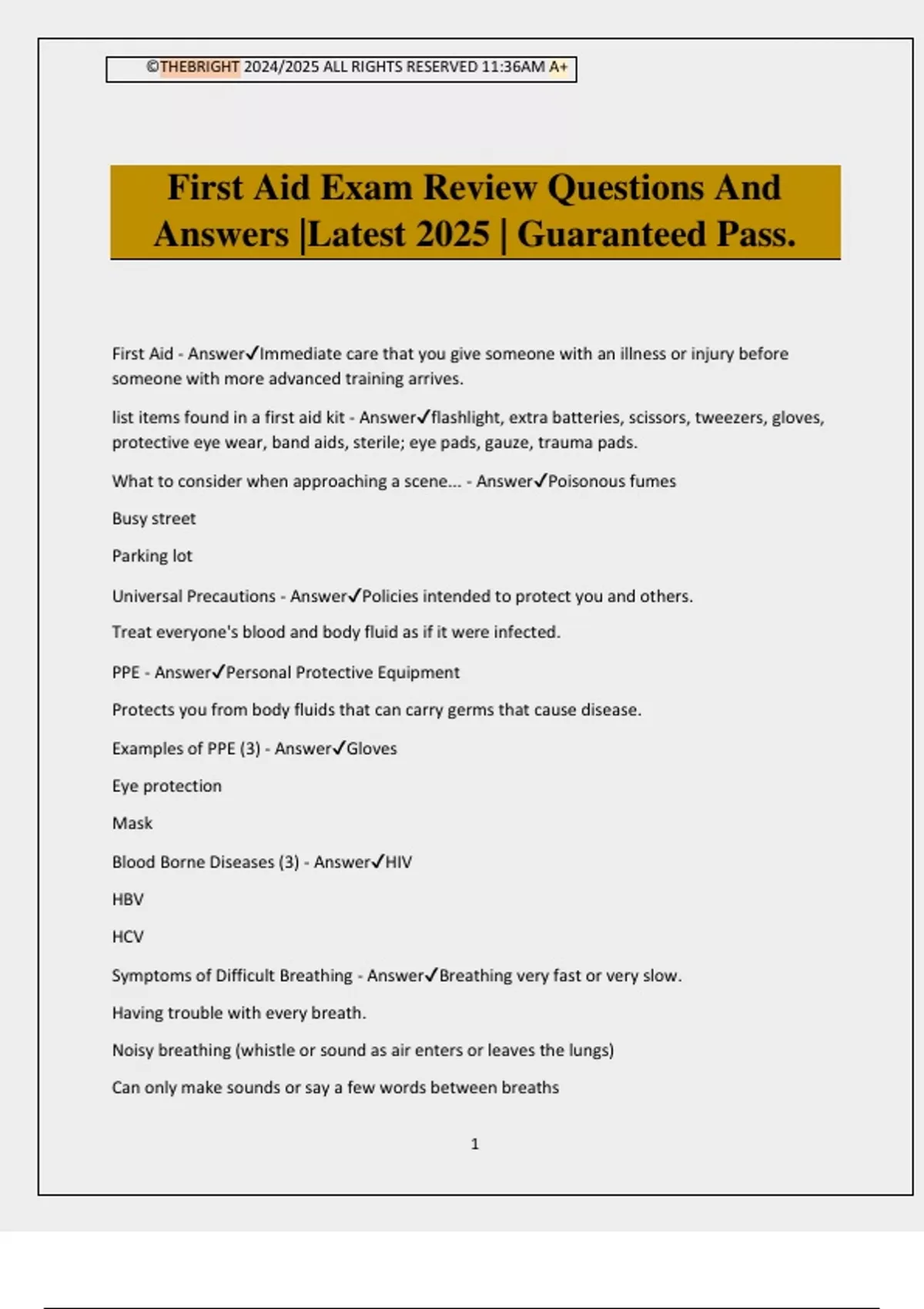 First Aid Exam Review Questions And Answers |Latest 2025 | Guaranteed ...