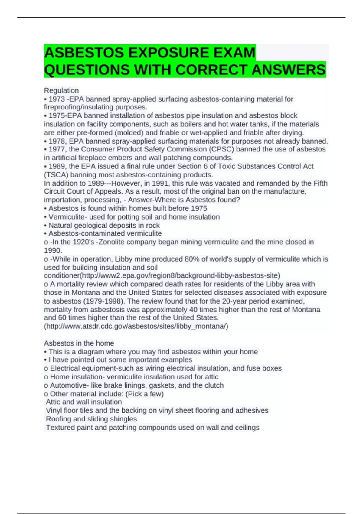 ASBESTOS EXPOSURE EXAM QUESTIONS WITH CORRECT ANSWERS - Asbestosis ...