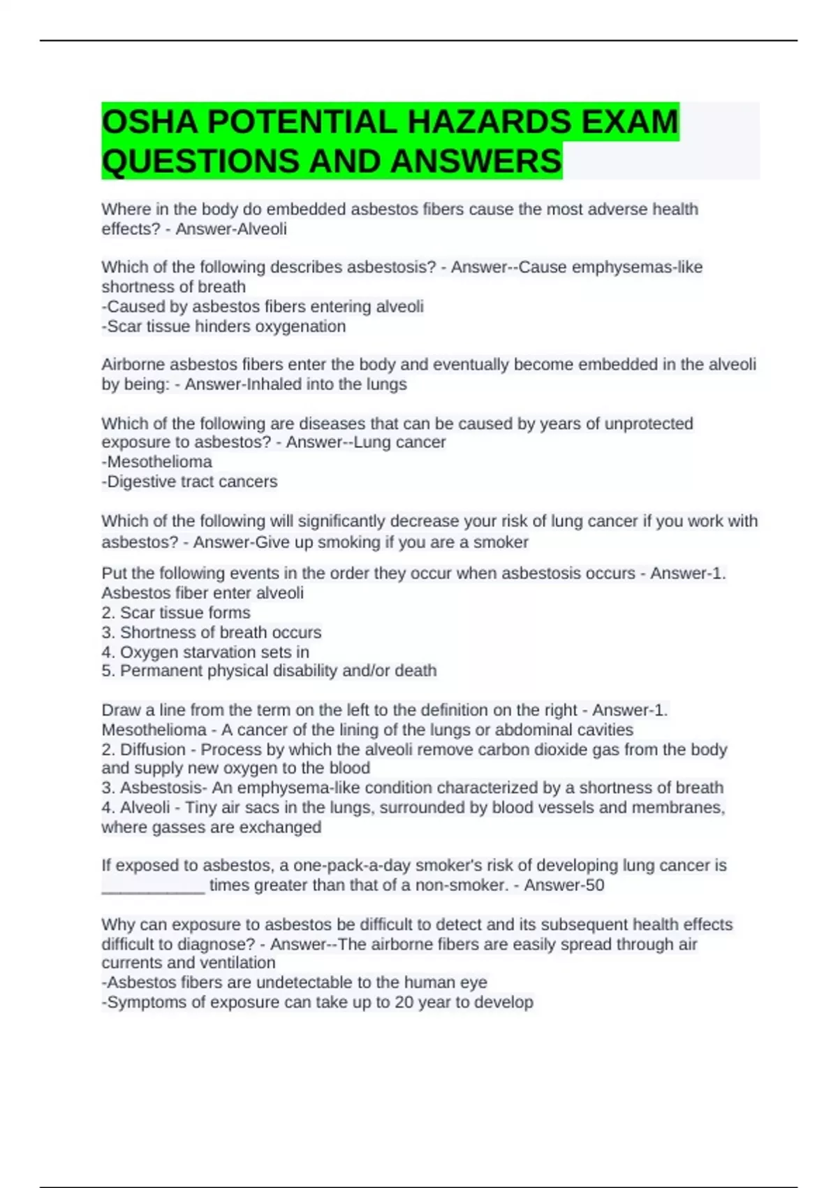 OSHA POTENTIAL HAZARDS EXAM QUESTIONS AND ANSWERS - Asbestosis - Stuvia US