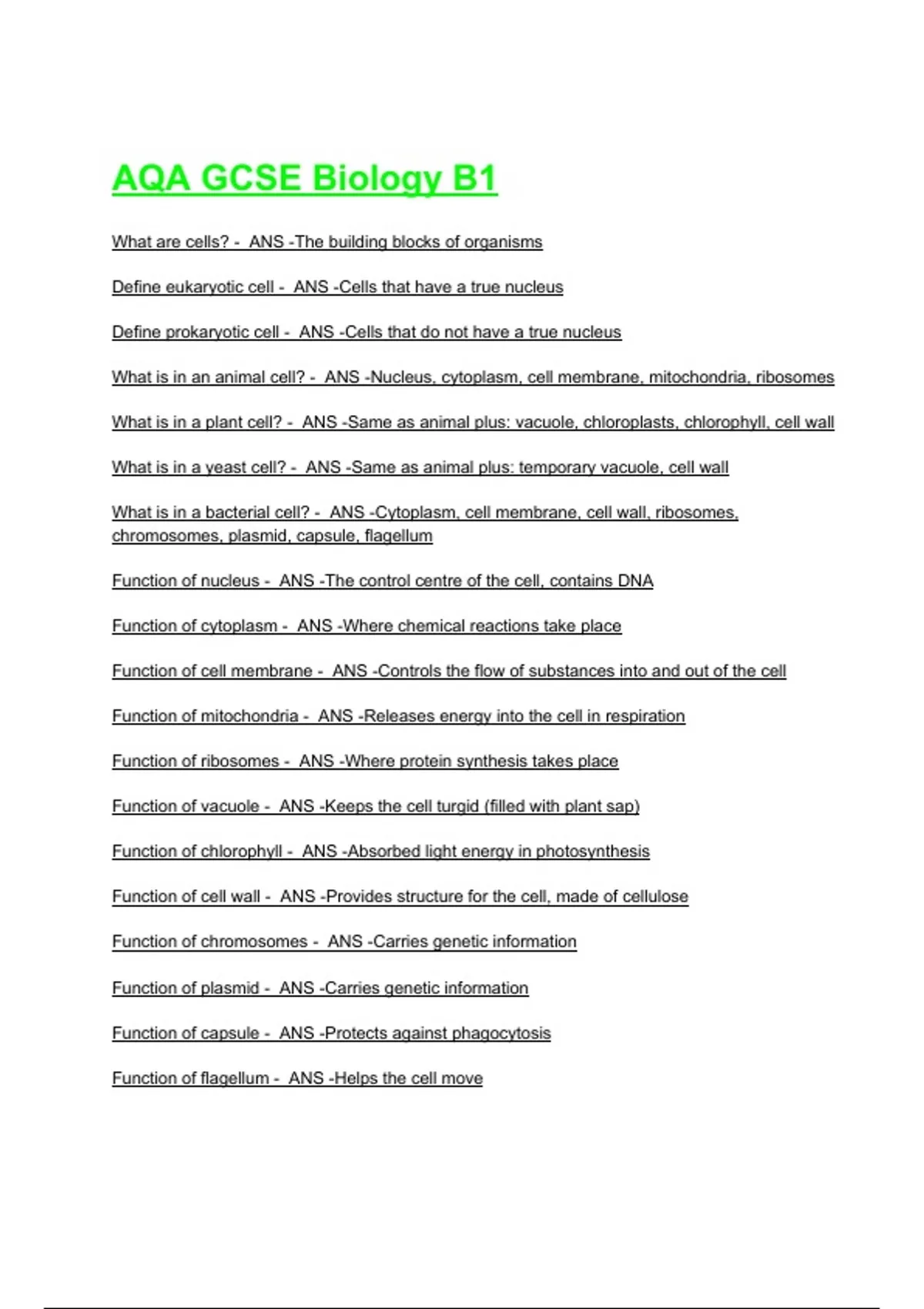AQA GCSE Biology B1 Exam Questions with correct Answers 2025/2026( A+ ...