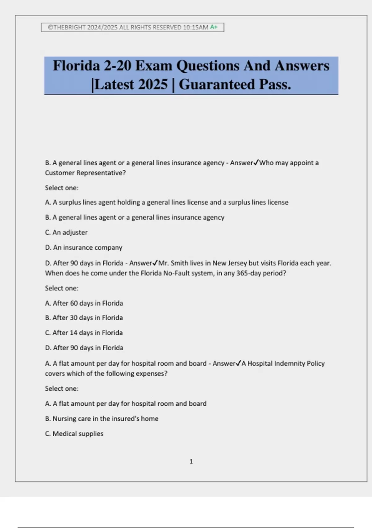 Florida 2-20 Exam Questions And Answers |Latest 2025 | Guaranteed Pass ...