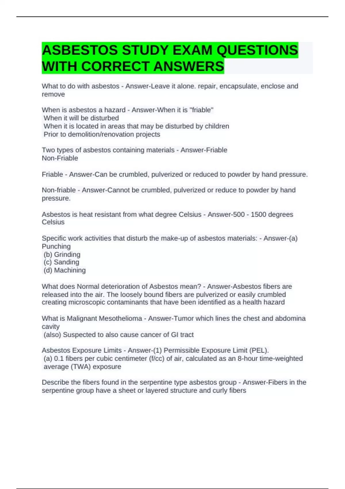 ASBESTOS STUDY EXAM QUESTIONS WITH CORRECT ANSWERS - Asbestosis - Stuvia US