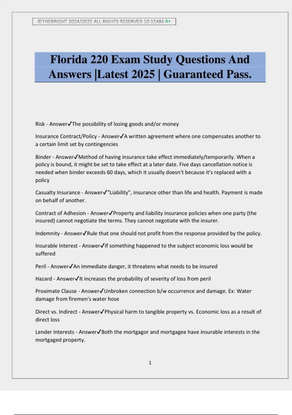 Florida 220 Exam Study Questions And Answers |Latest 2025 | Guaranteed ...