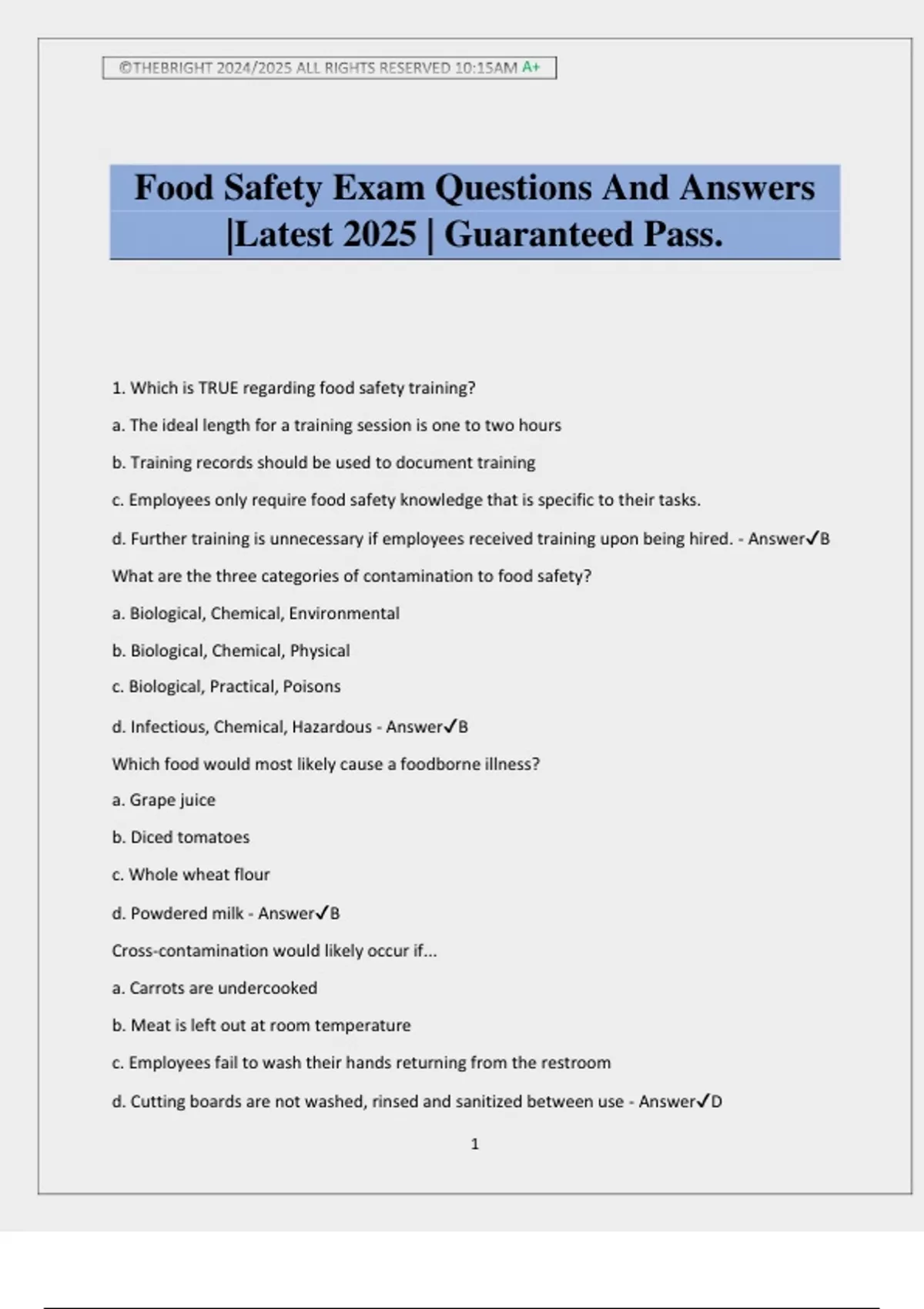 Food Safety Exam Questions And Answers |Latest 2025 | Guaranteed Pass ...