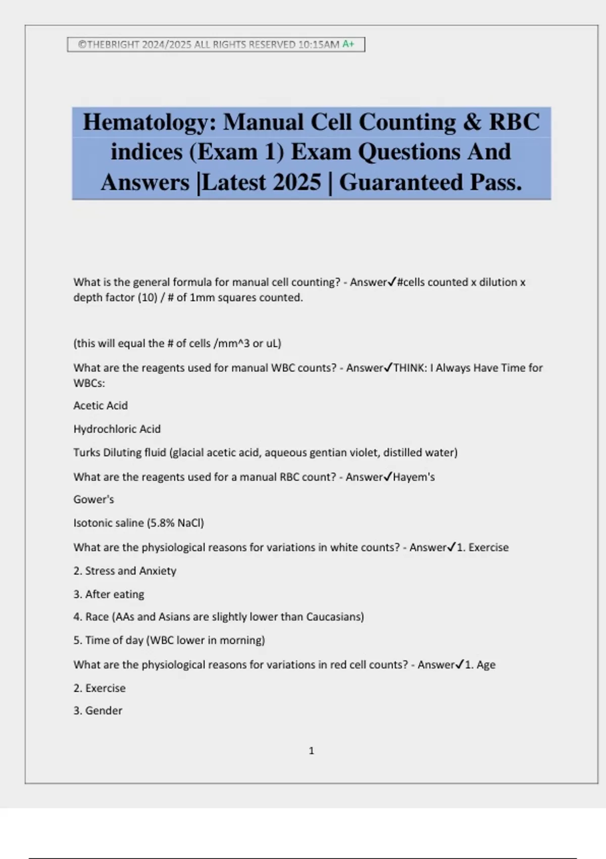 Hematology: Manual Cell Counting & RBC indices (Exam 1) Exam Questions ...