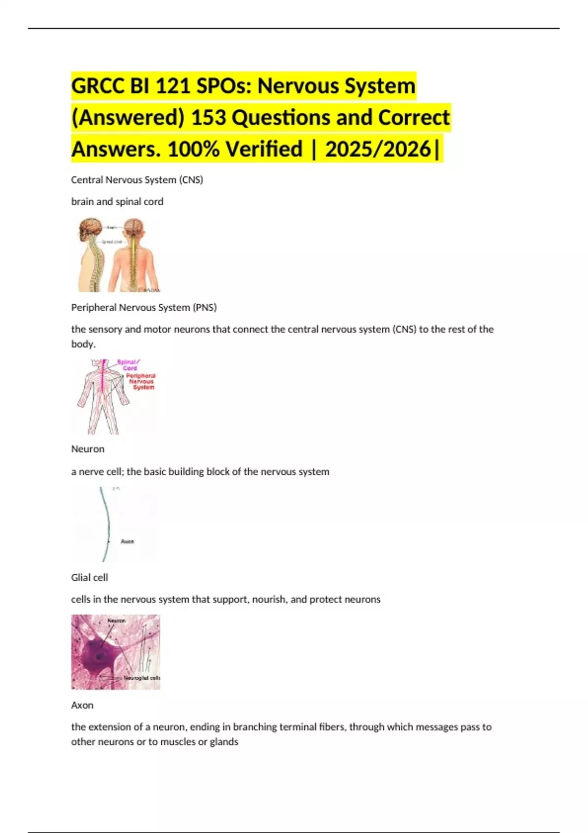 GRCC BI 121 SPOs: Nervous System (Answered) 153 Questions and Correct ...