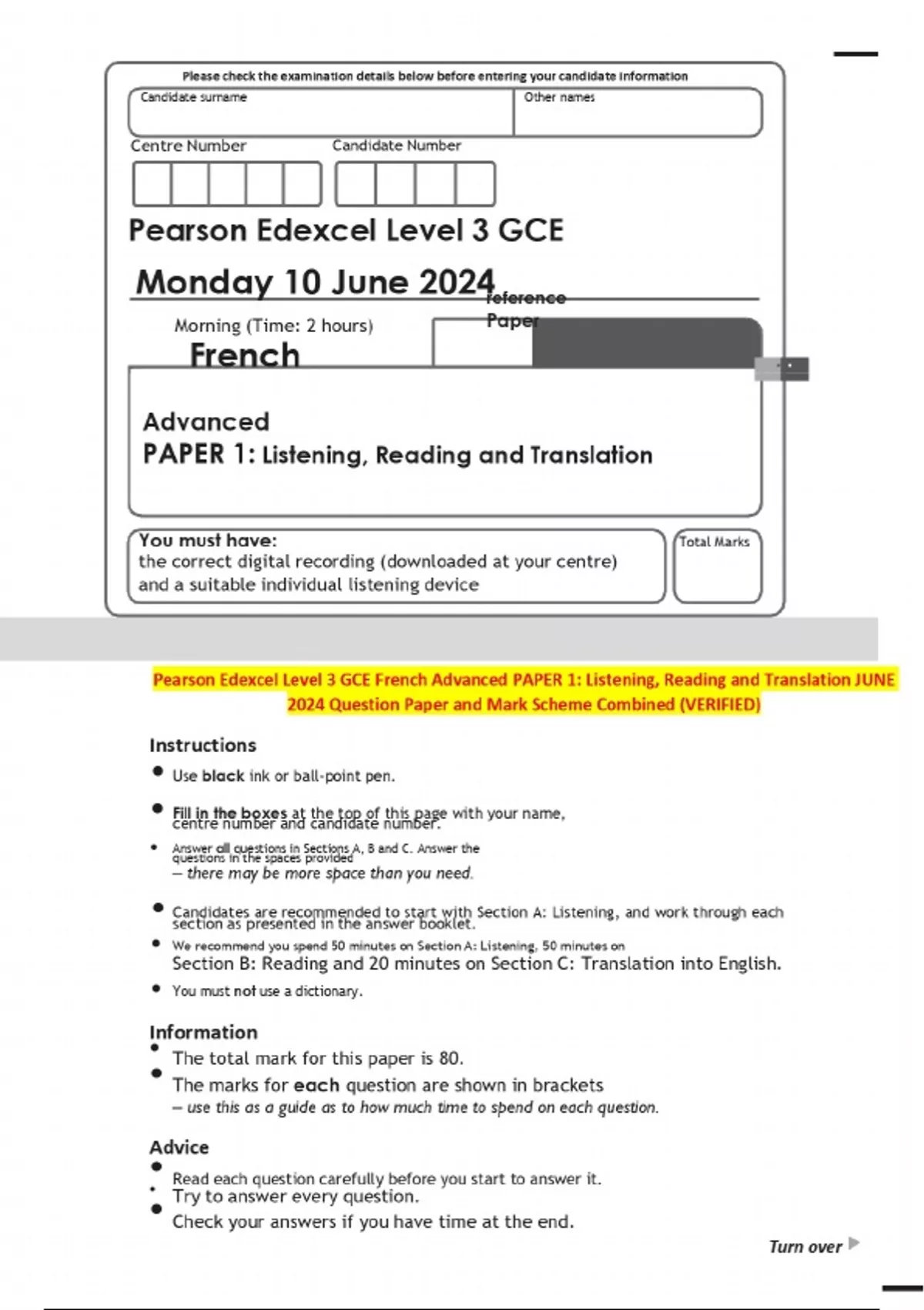 2024 Pearson Edexcel Level 1/Level 2 GCSE (9–1) Italian PAPER 1 ...