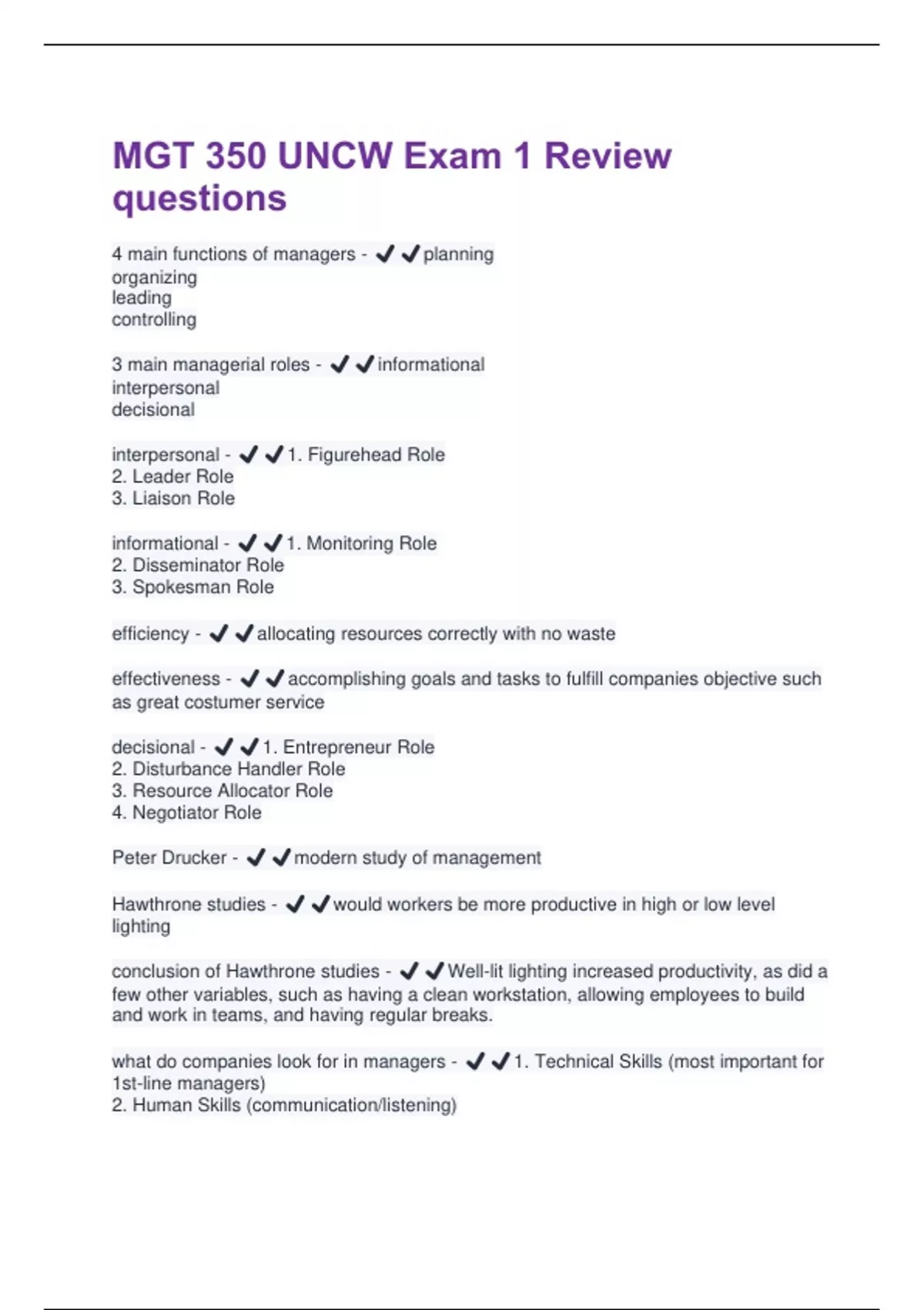 MGT 350 UNCW Exam 1 Review Questions And Answers With Verified Study ...