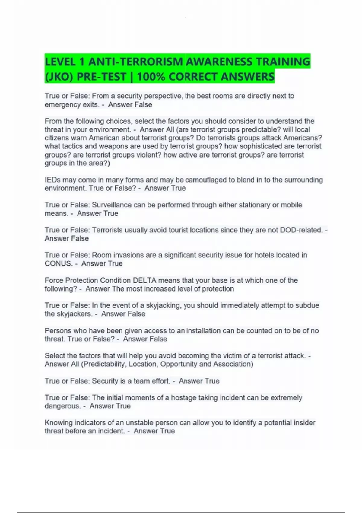LEVEL 1 ANTI-TERRORISM AWARENESS TRAINING (JKO) PRE-TEST | 100% CORRECT ...