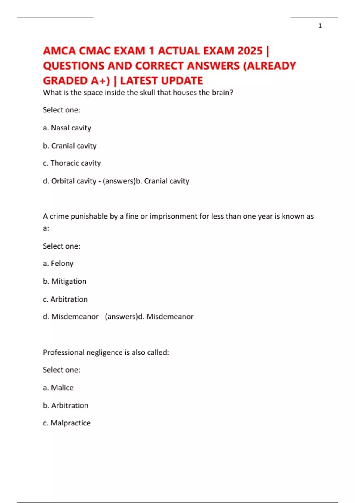 AMCA CMAC EXAM 1 ACTUAL EXAM 2025 | QUESTIONS AND CORRECT ANSWERS ...