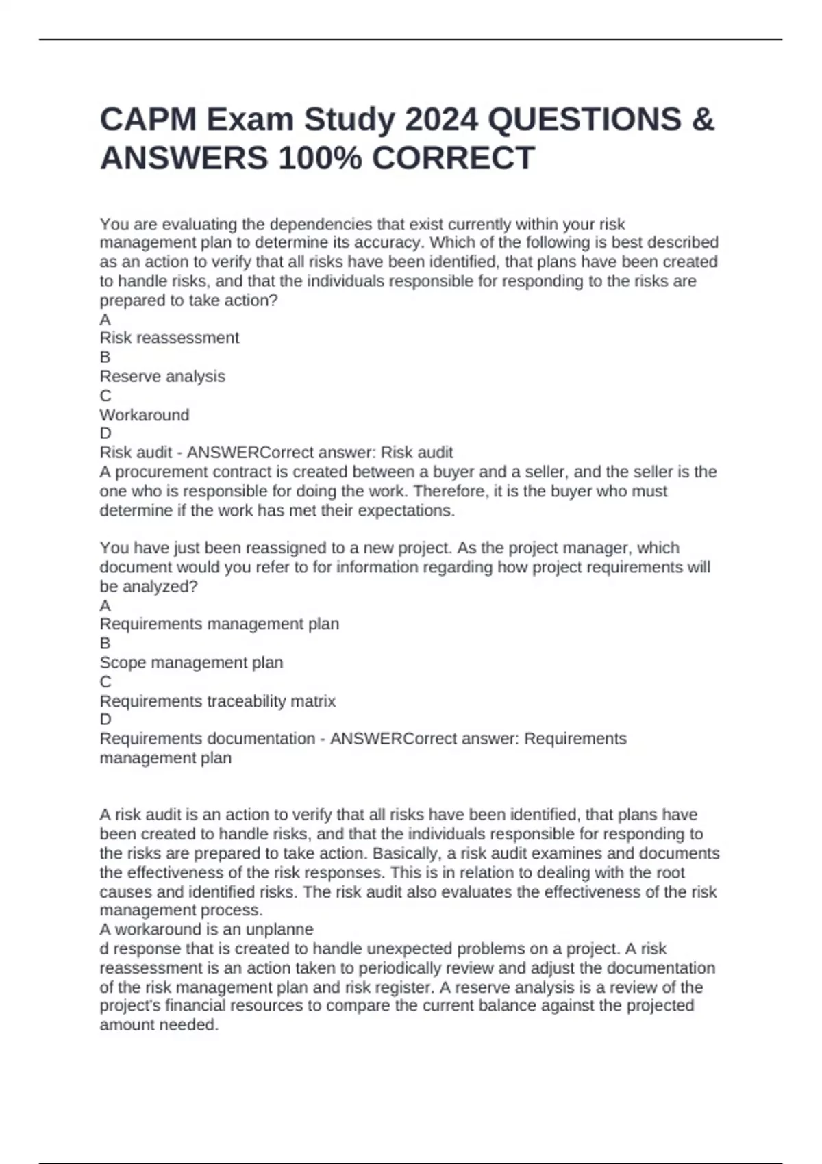 CAPM Exam Study 2024 QUESTIONS & ANSWERS 100% CORRECTCAPM Exam Study ...