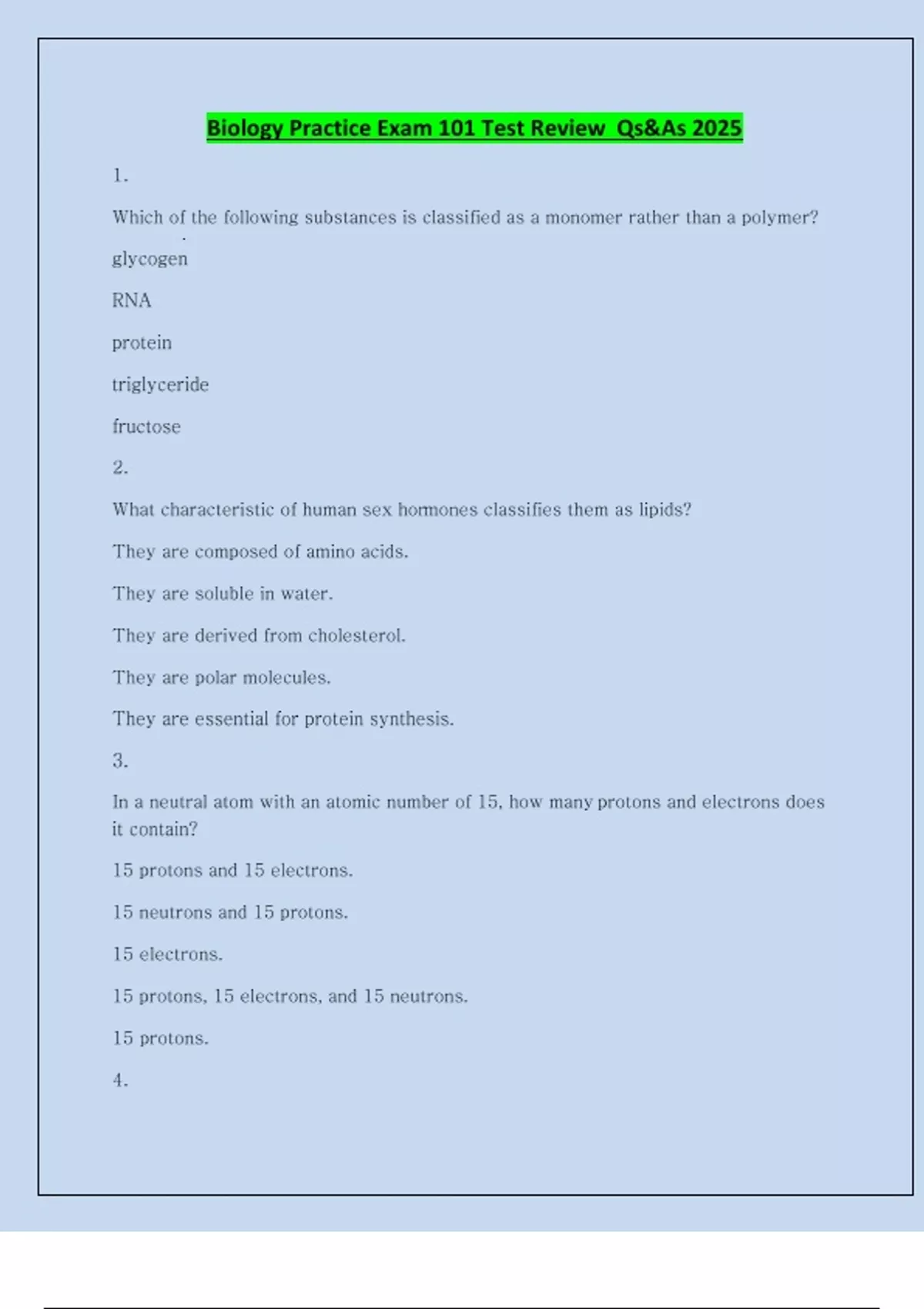 Biology Practice Exam 101 Test Review Qs&As 2025 - Biology Practice ...