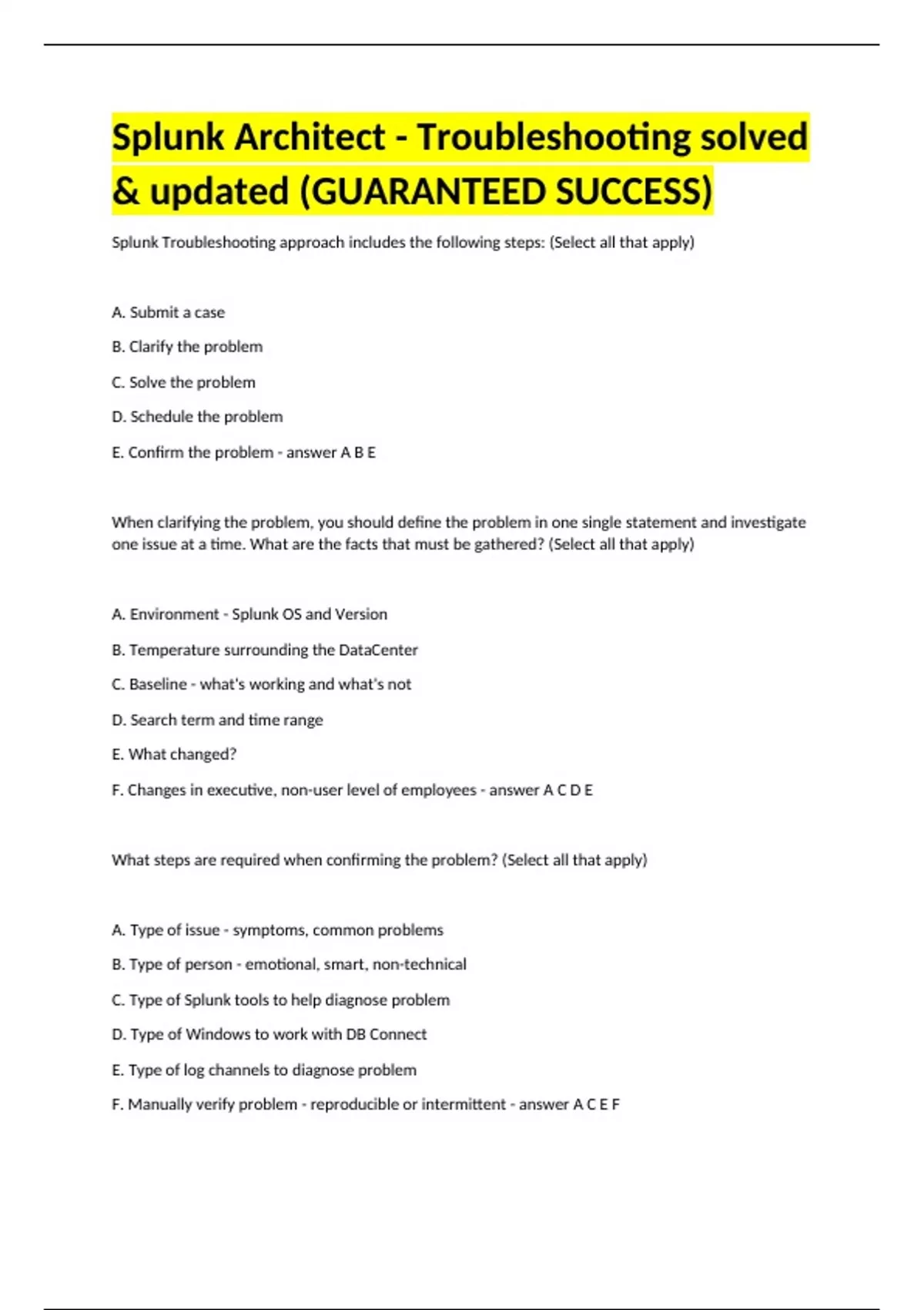 Splunk Architect - Troubleshooting solved & updated (GUARANTEED SUCCESS) - Splunk Core Certified ...