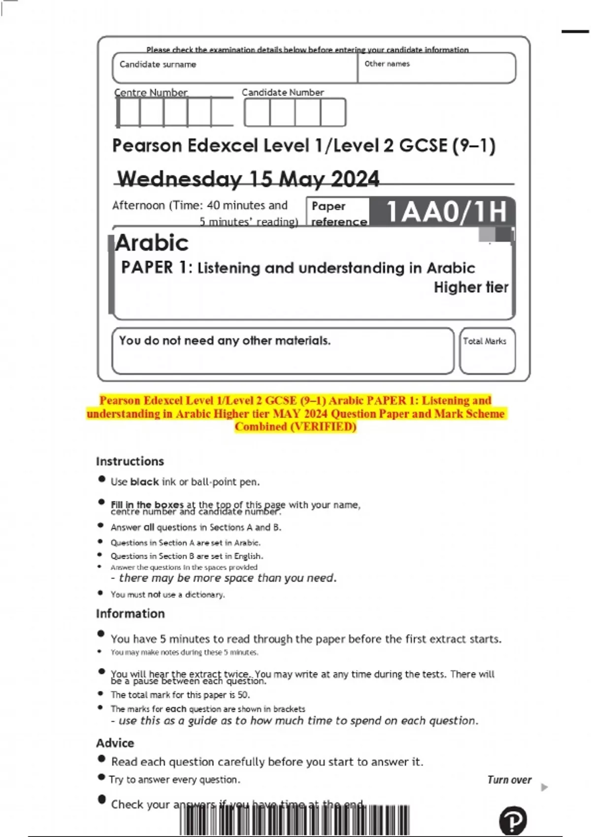 Pearson Edexcel Level 1/Level 2 GCSE (9–1) Arabic PAPER 1: Listening ...