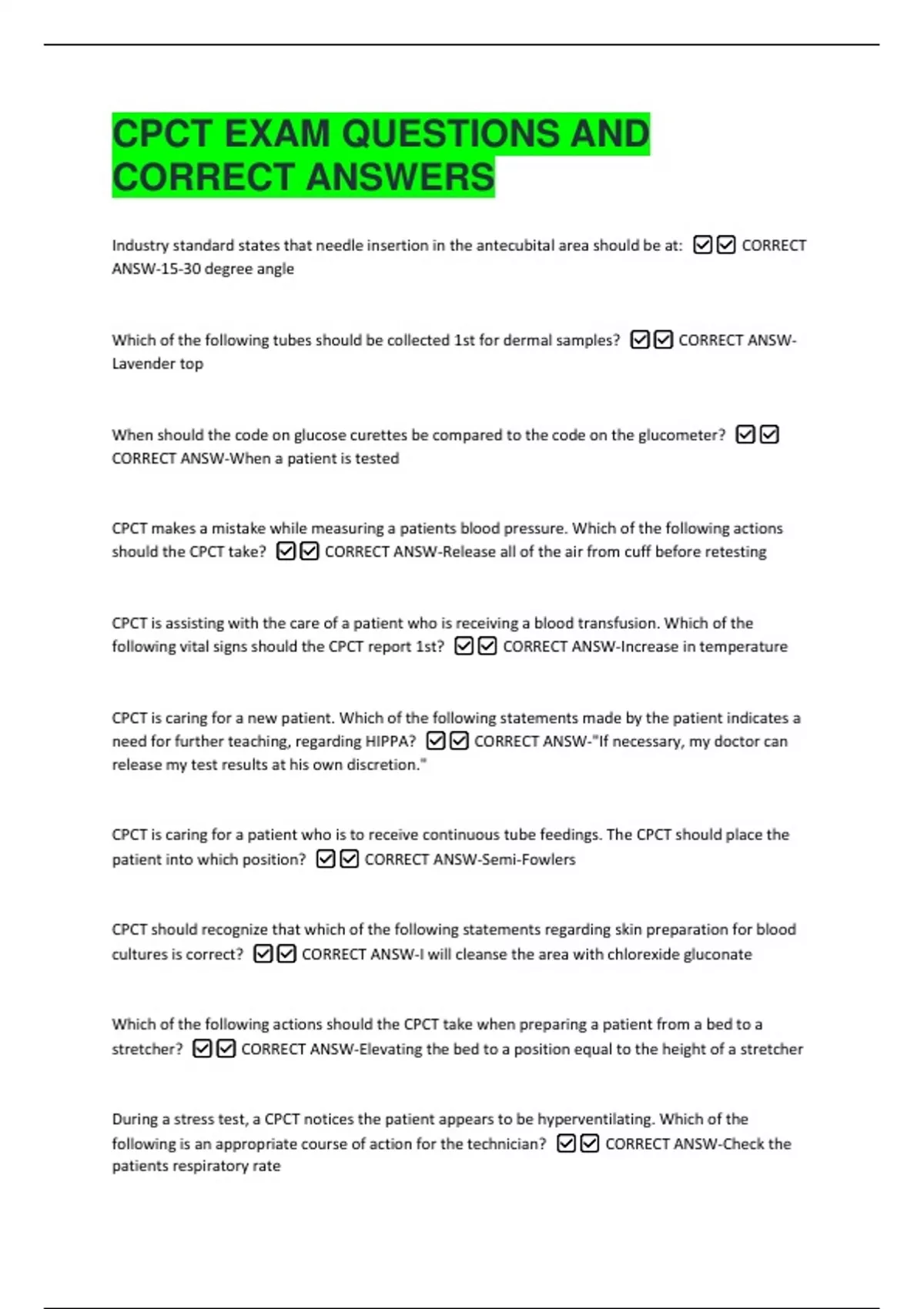 CPCT BUNDLE EXAM QUESTIONS WITH COMPLETE SOLUTIONS - Stuvia US