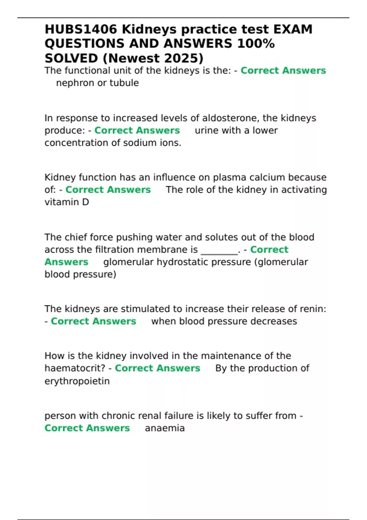 HUBS1406 Kidneys practice test EXAM QUESTIONS AND ANSWERS 100- SOLVED ...