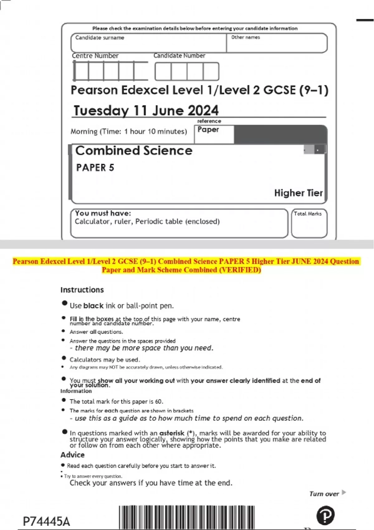Pearson Edexcel Level 1/Level 2 GCSE (9–1) Combined Science PAPER 5 ...