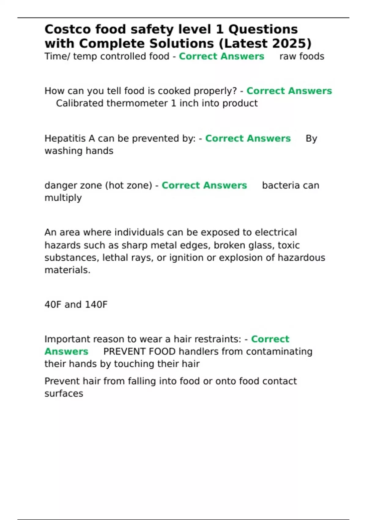 Costco food safety level 1 Questions with Complete Solutions (Latest ...