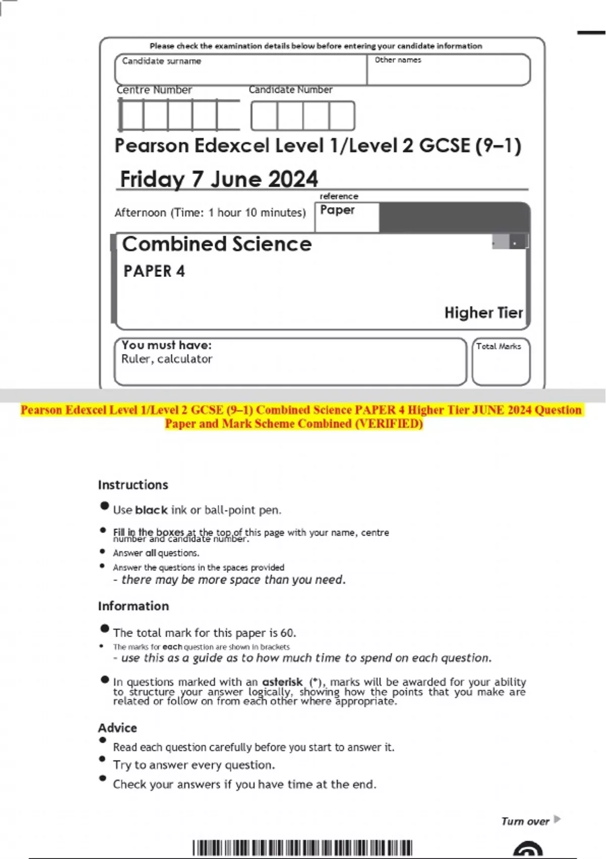 Pearson Edexcel Level 1/Level 2 GCSE (9–1) Combined Science PAPER 4 ...