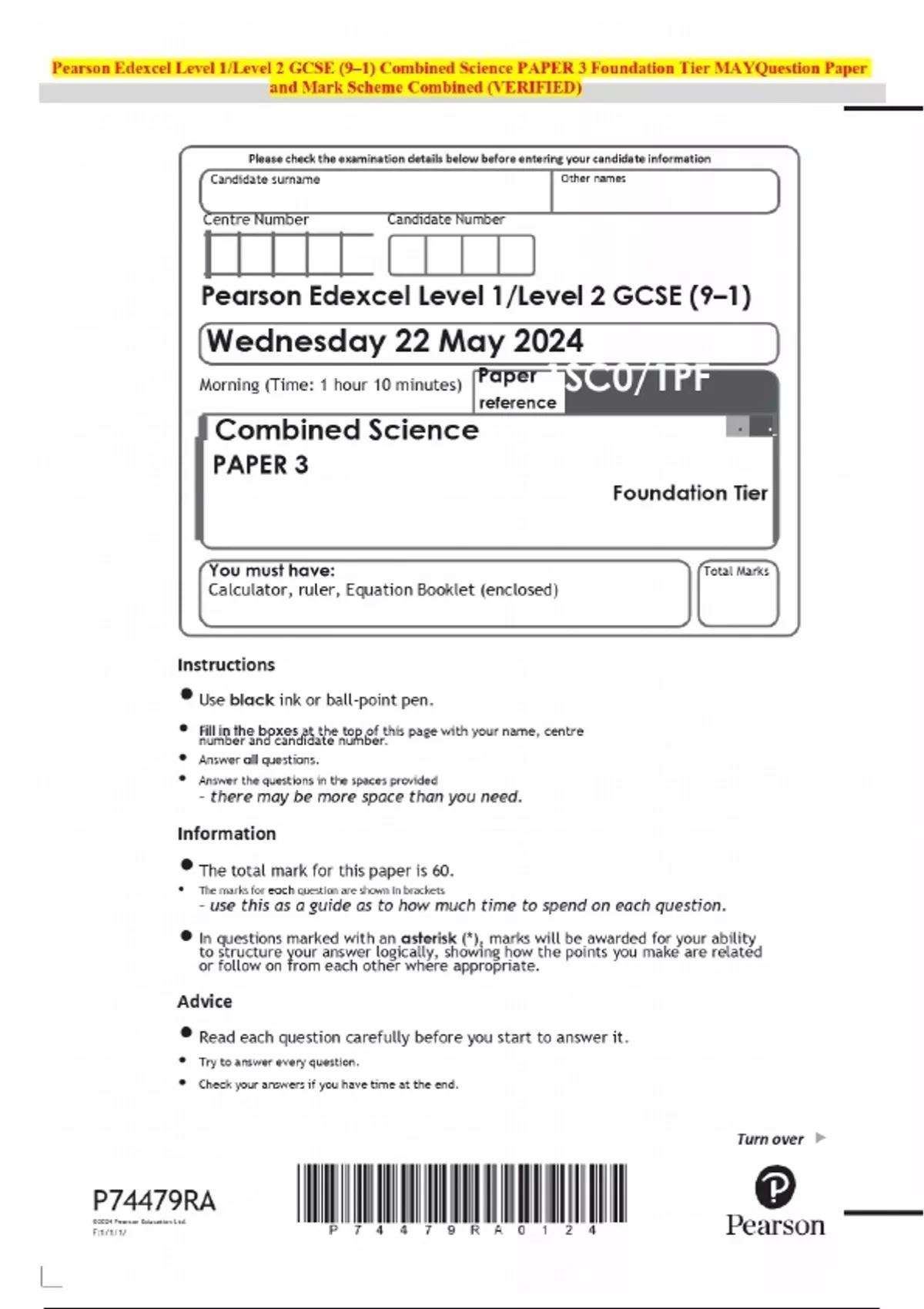 Pearson Edexcel Level 1/Level 2 GCSE (9–1) Combined Science PAPER 3 ...