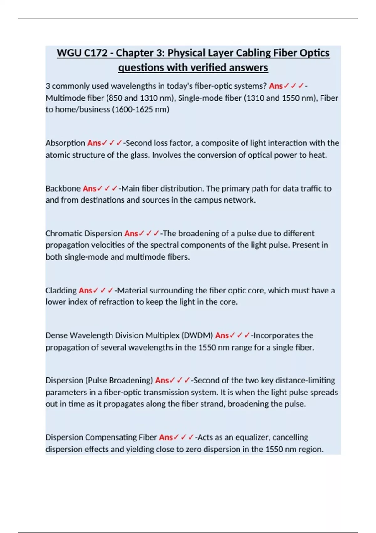 WGU C172 - Chapter 3: Physical Layer Cabling Fiber Optics questions with verified answers - WGU ...