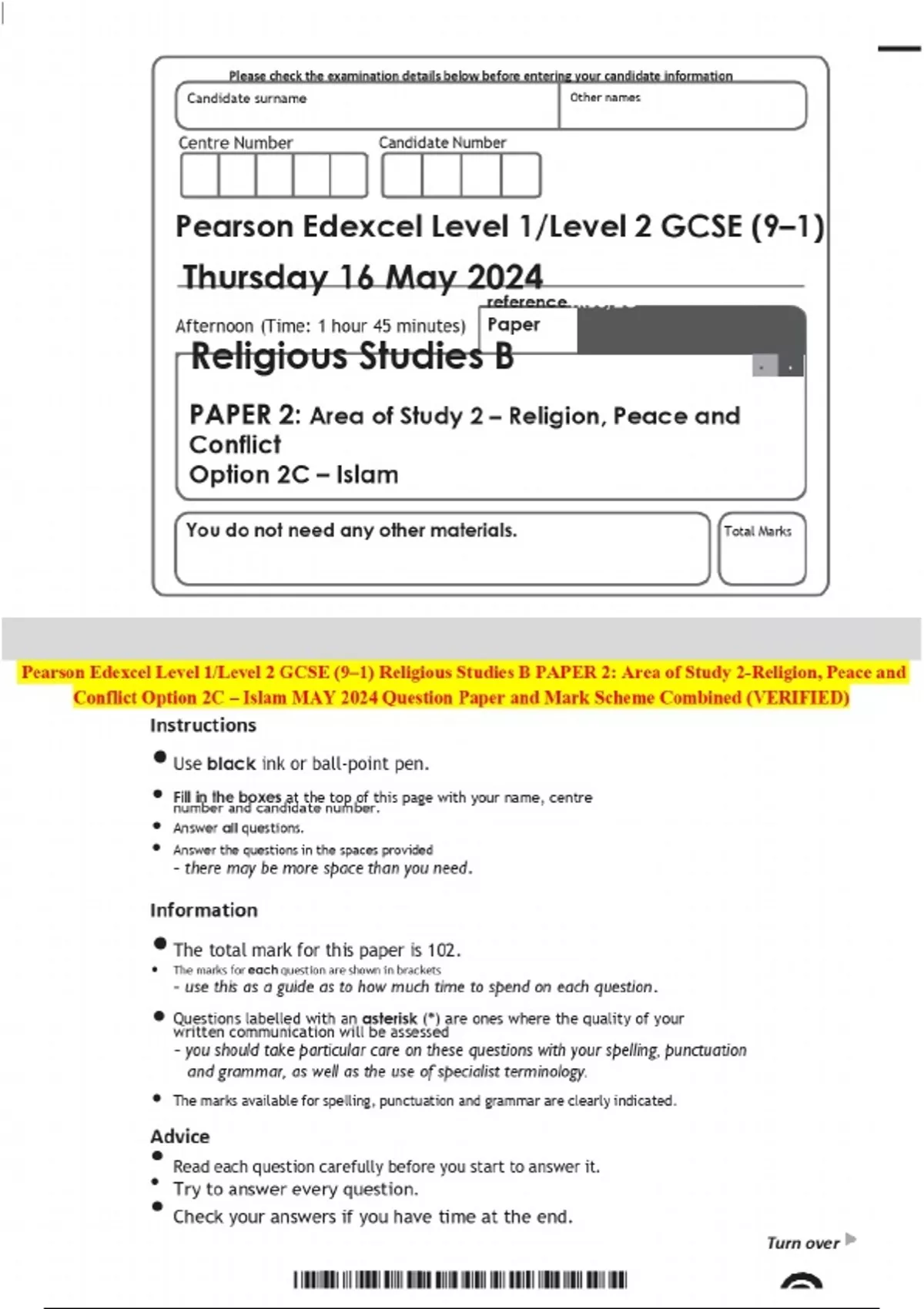 2024 Pearson Edexcel Level 1/Level 2 GCSE (9–1) Religious Studies B ...