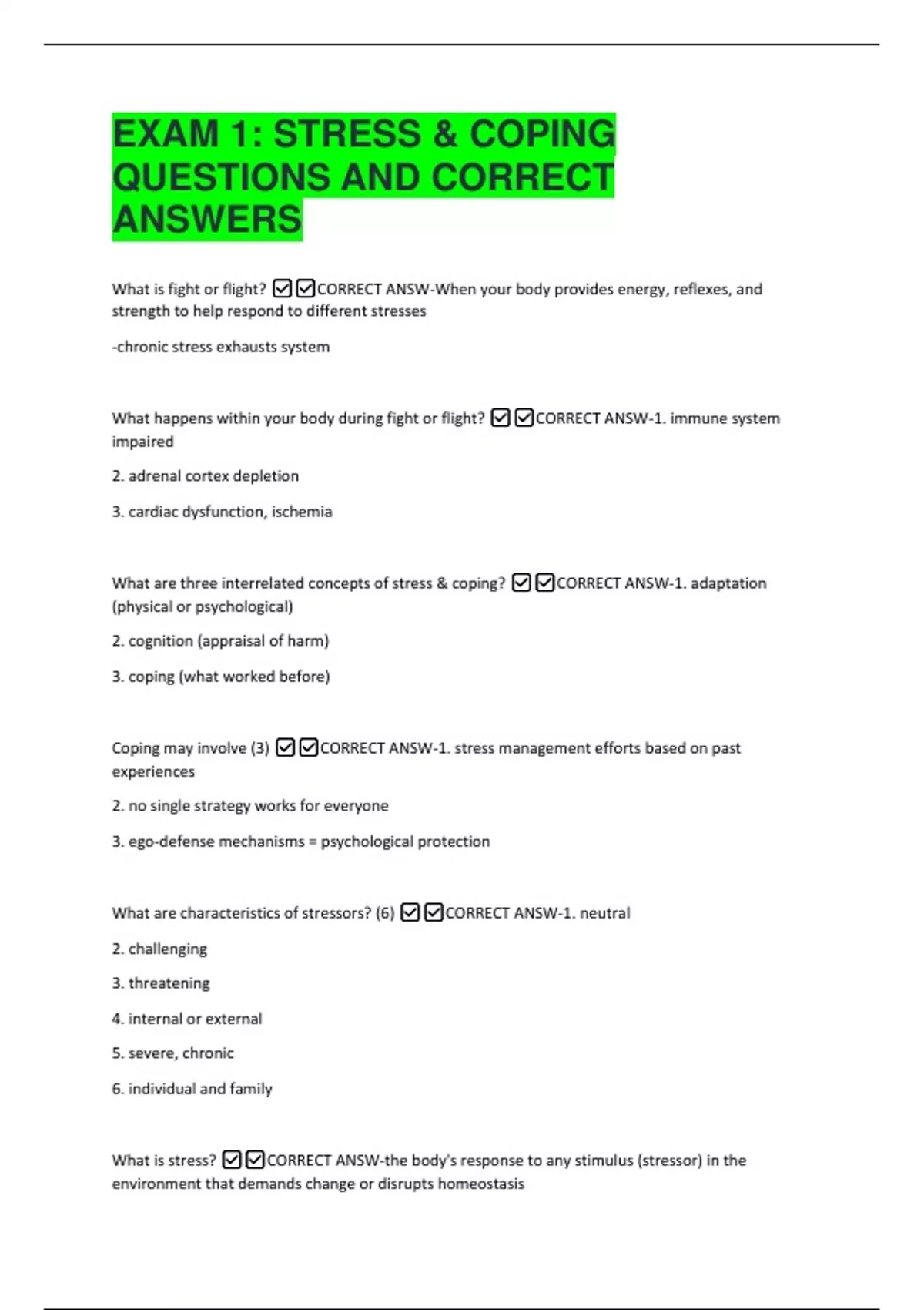 EXAM 1: STRESS & COPING QUESTIONS AND CORRECT ANSWERS - STRESS AND ...