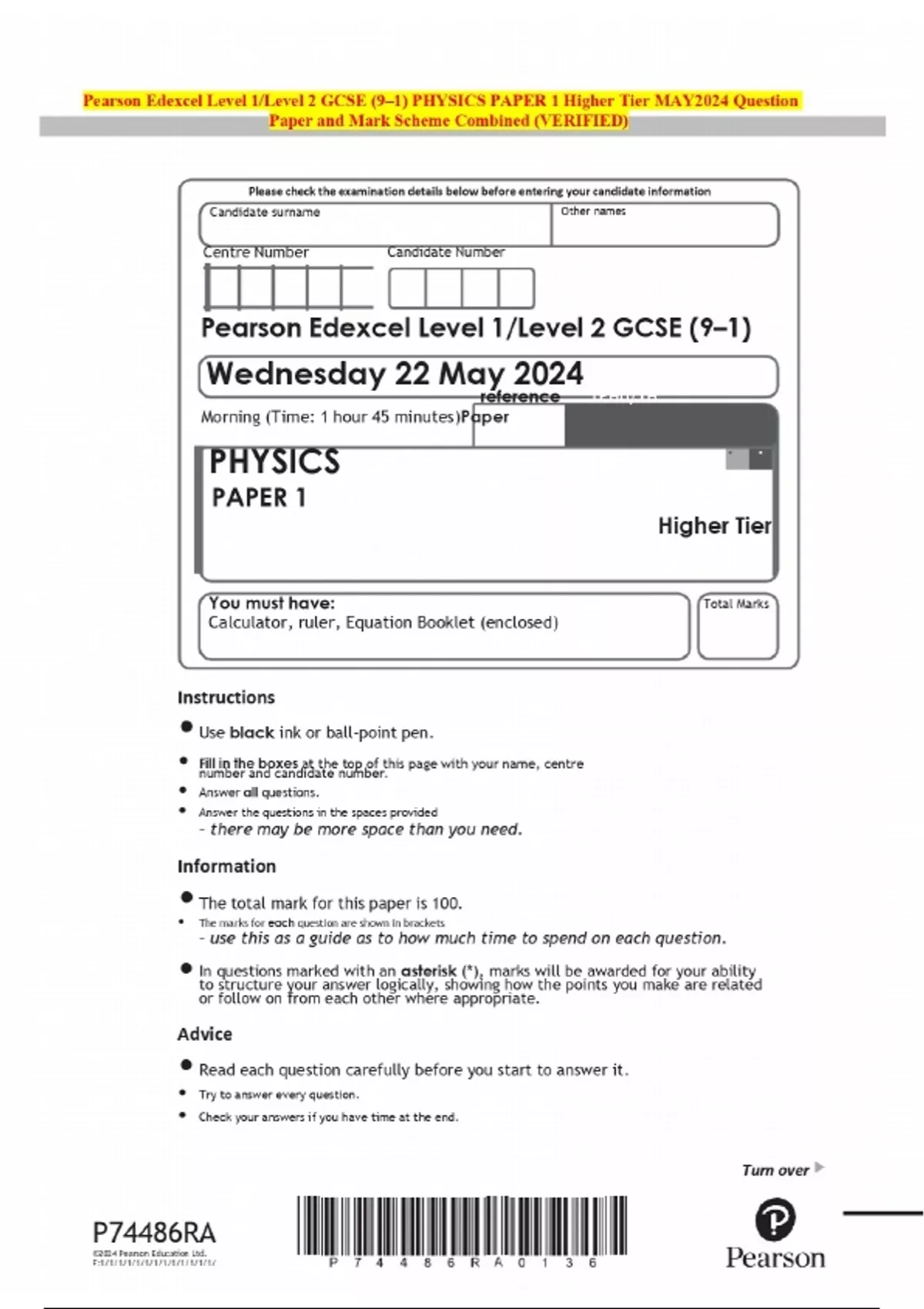 2024 Pearson Edexcel Level 1/Level 2 GCSE (9–1) PHYSICS PAPER 1 Higher ...