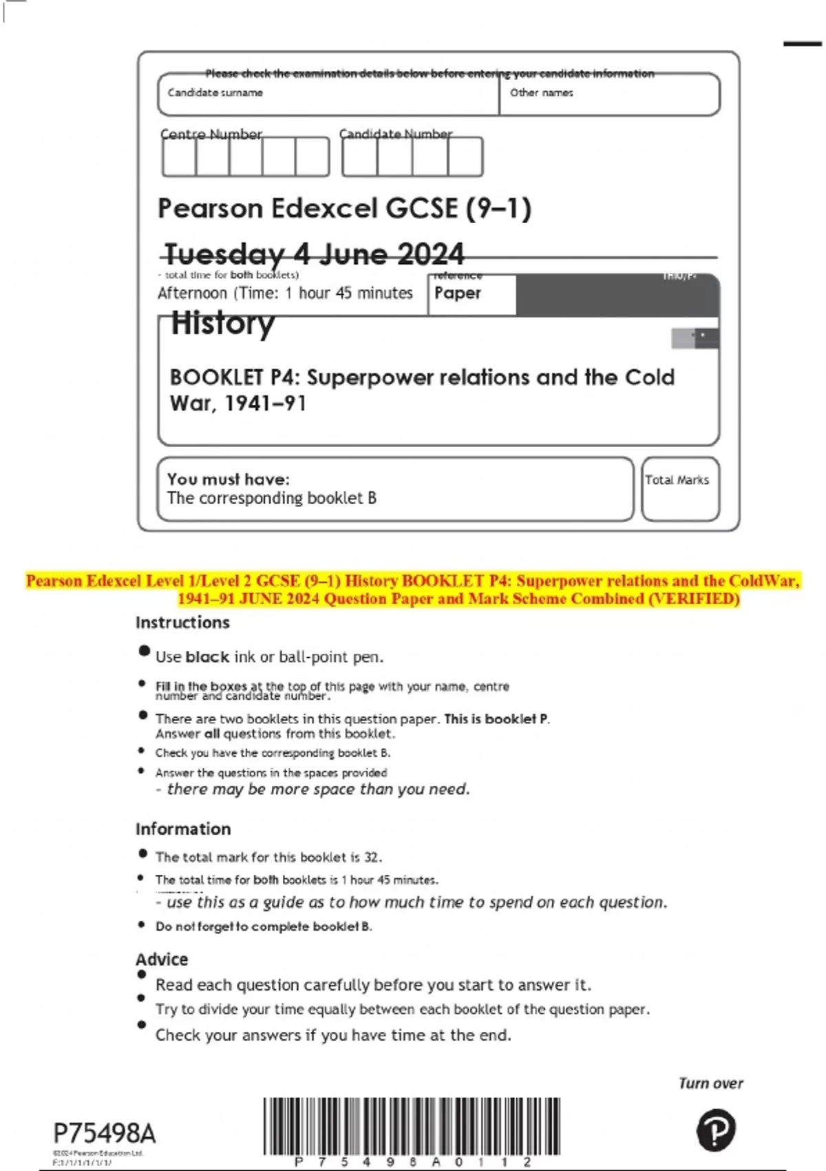 2024 Pearson Edexcel Level 1/Level 2 GCSE (9–1) History BOOKLET P4 ...