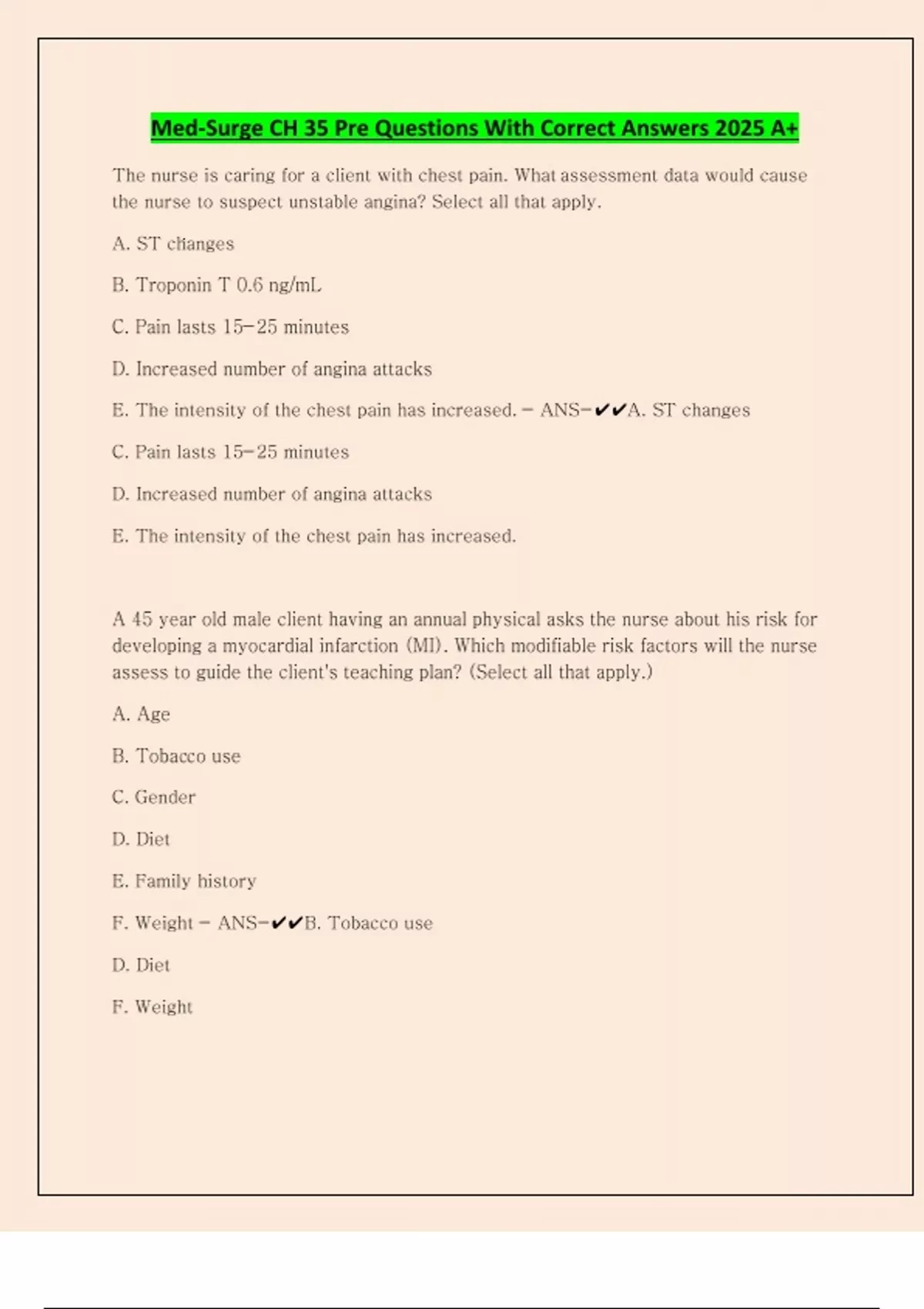 Med-Surge CH 35 Pre Questions With Correct Answers 2025 A+ - Med-Surge CH 35 Pre - Stuvia US