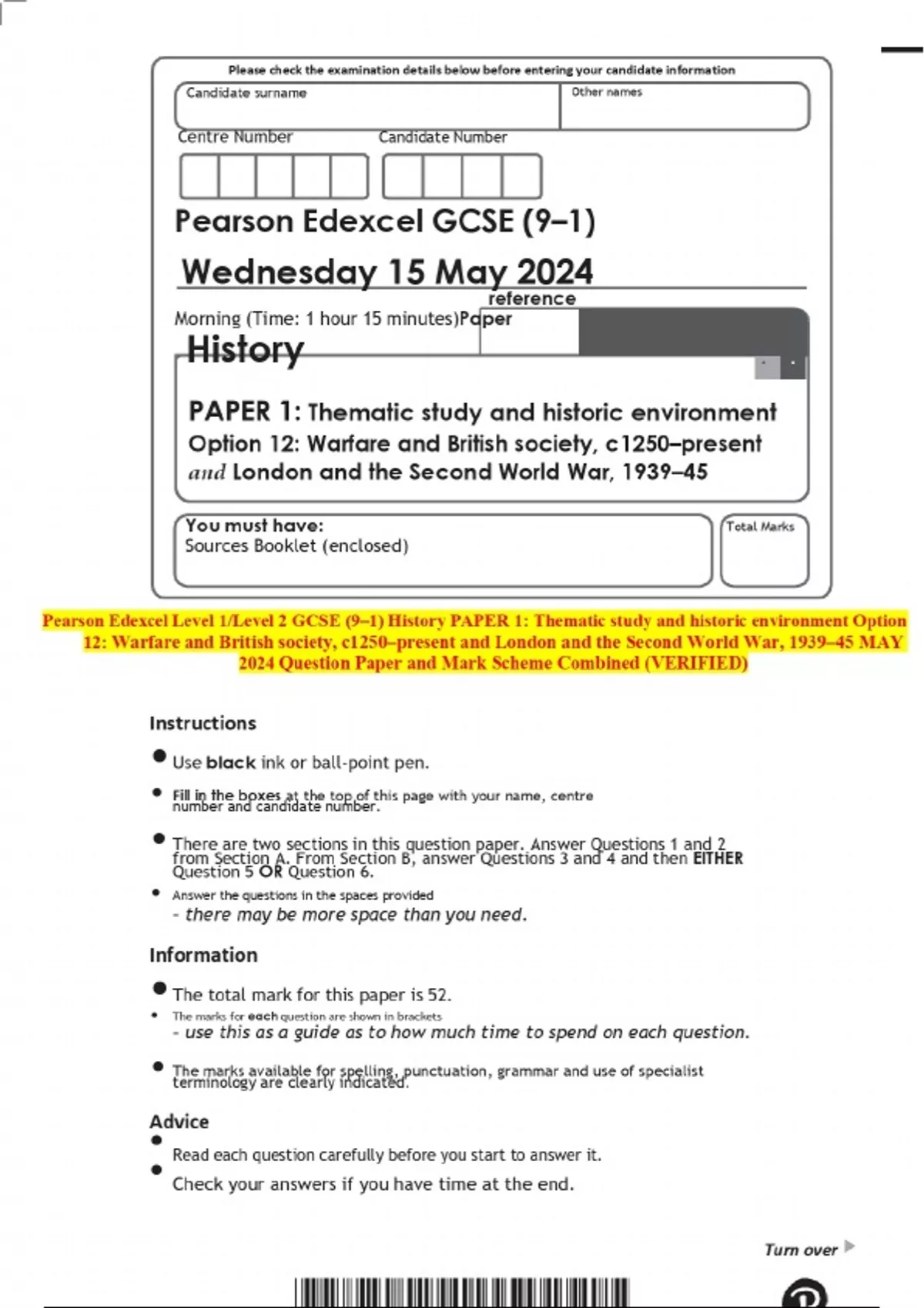 2024 Pearson Edexcel Level 1/Level 2 GCSE (9–1) History PAPER 1 ...