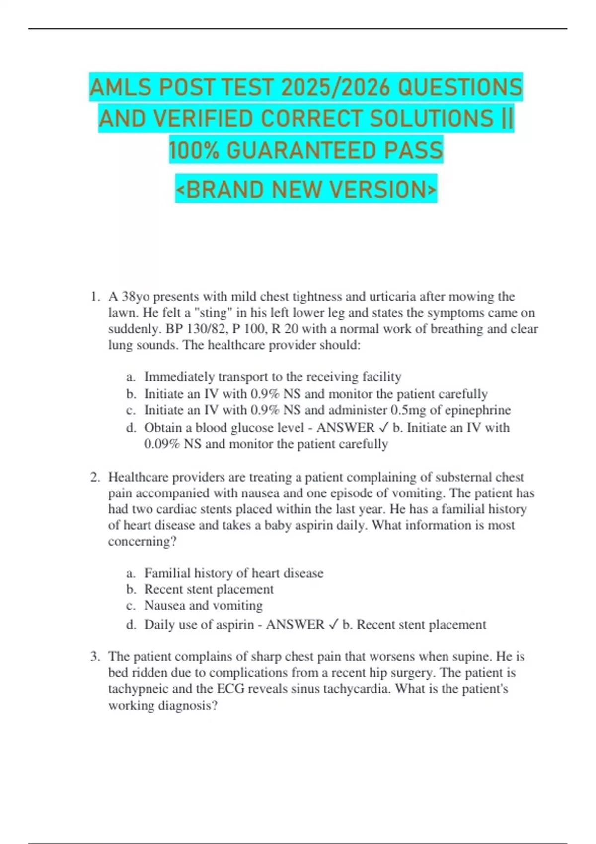 AMLS POST TEST 2025/2026 QUESTIONS AND VERIFIED CORRECT SOLUTIONS ...