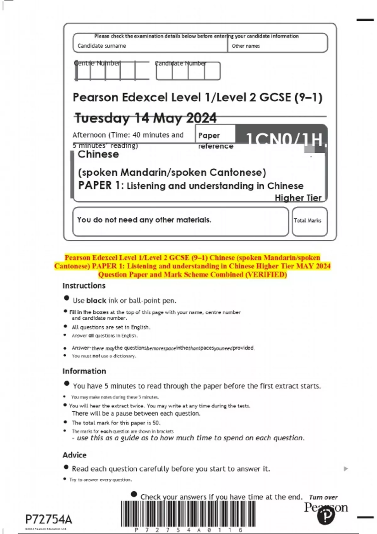 2024 Pearson Edexcel Level 1/Level 2 GCSE (9–1) Chinese (spoken ...