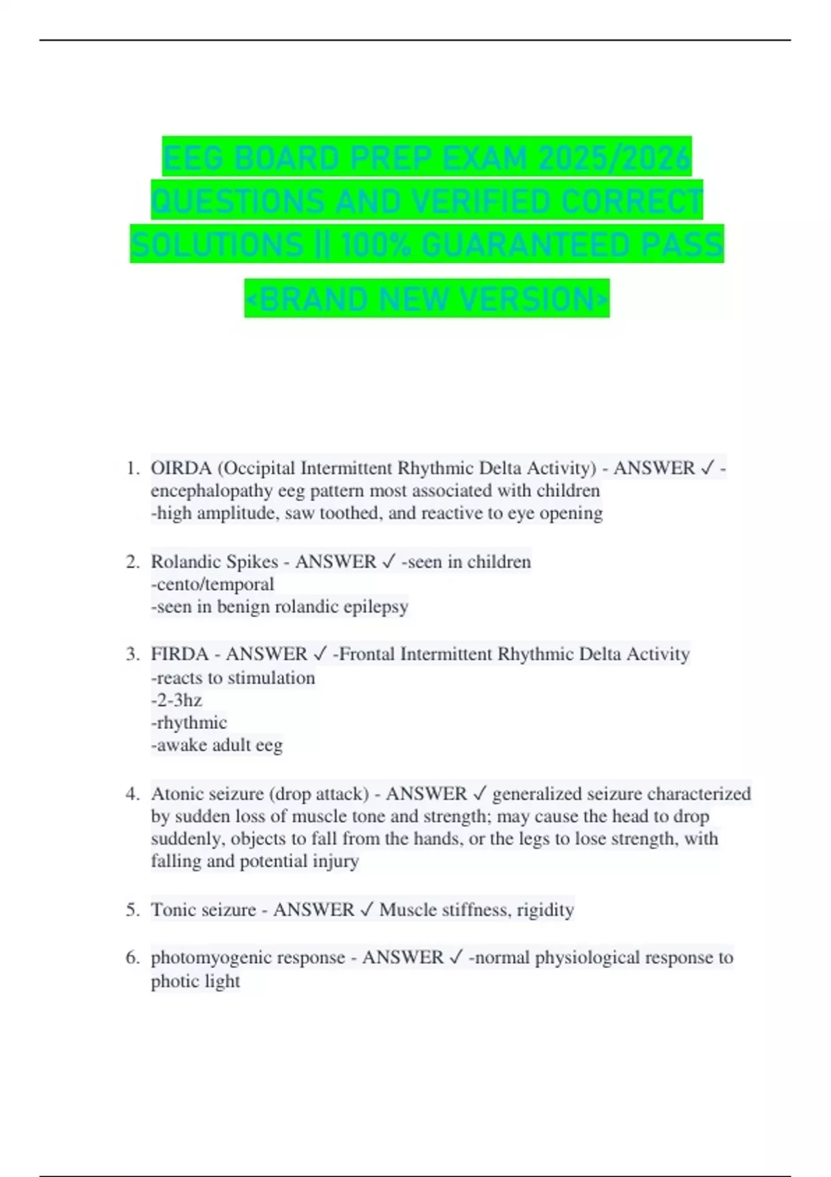 EEG BOARD PREP EXAM 2025/2026 QUESTIONS AND VERIFIED CORRECT SOLUTIONS ...