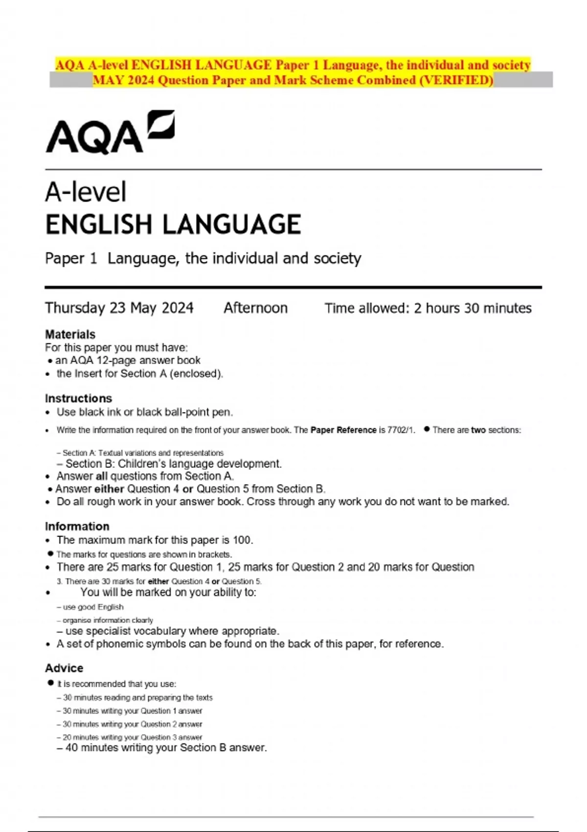 2024 AQA A-level ENGLISH LANGUAGE Paper 1 Language, the individual and ...