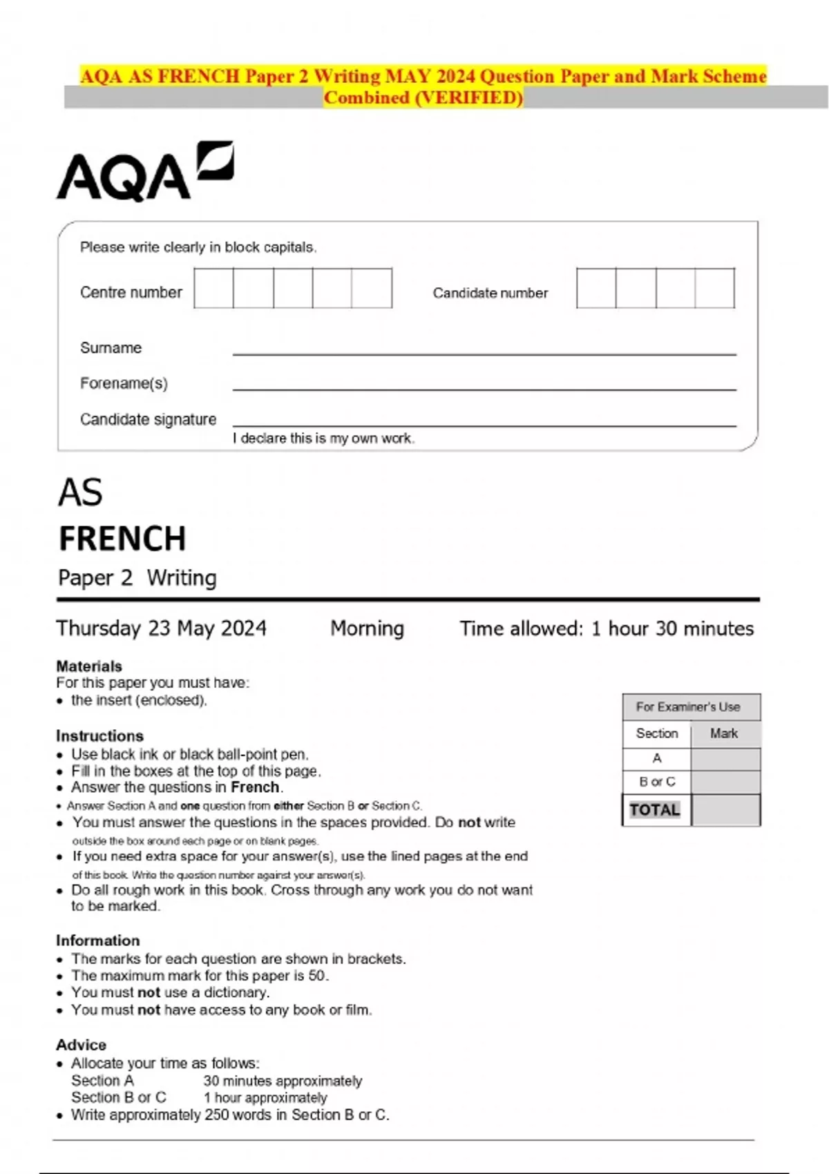 2024 AQA AS FRENCH Paper 2 Writing MAY Question Paper and Mark Scheme ...