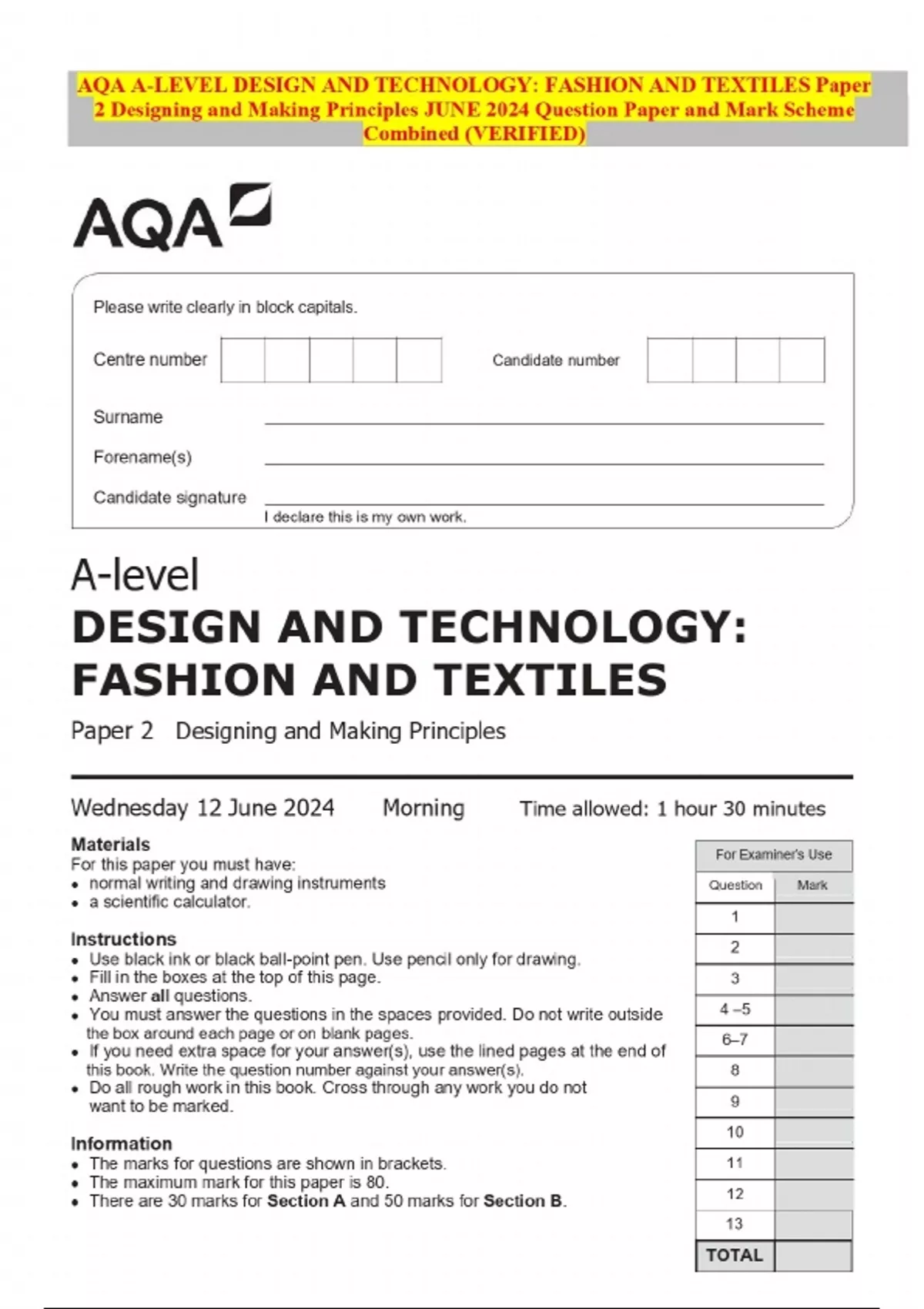 Package deal - AQA A-level DESIGN AND TECHNOLOGY Question Paper and ...