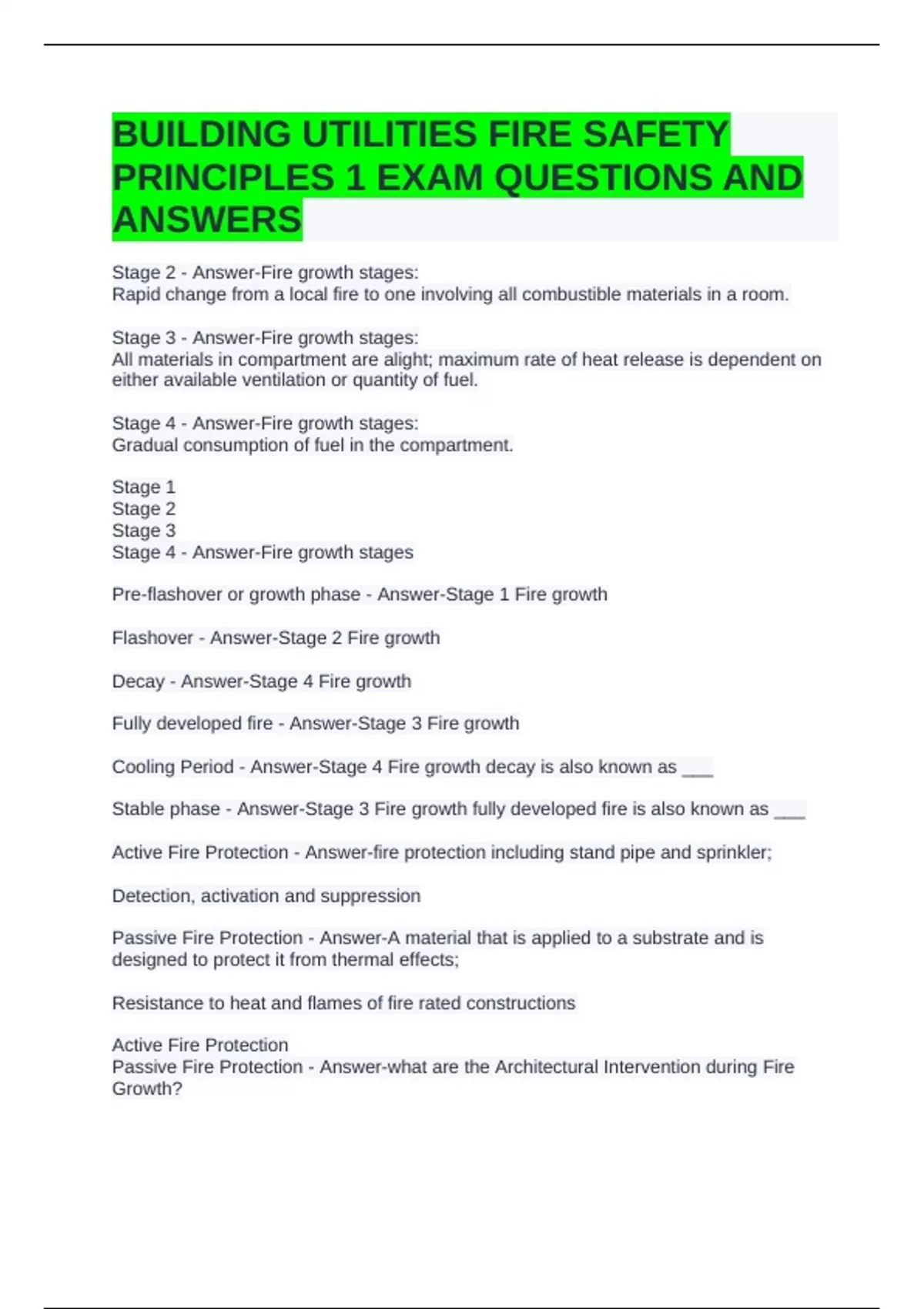 BUILDING UTILITIES FIRE SAFETY PRINCIPLES 1 EXAM QUESTIONS AND ANSWERS ...