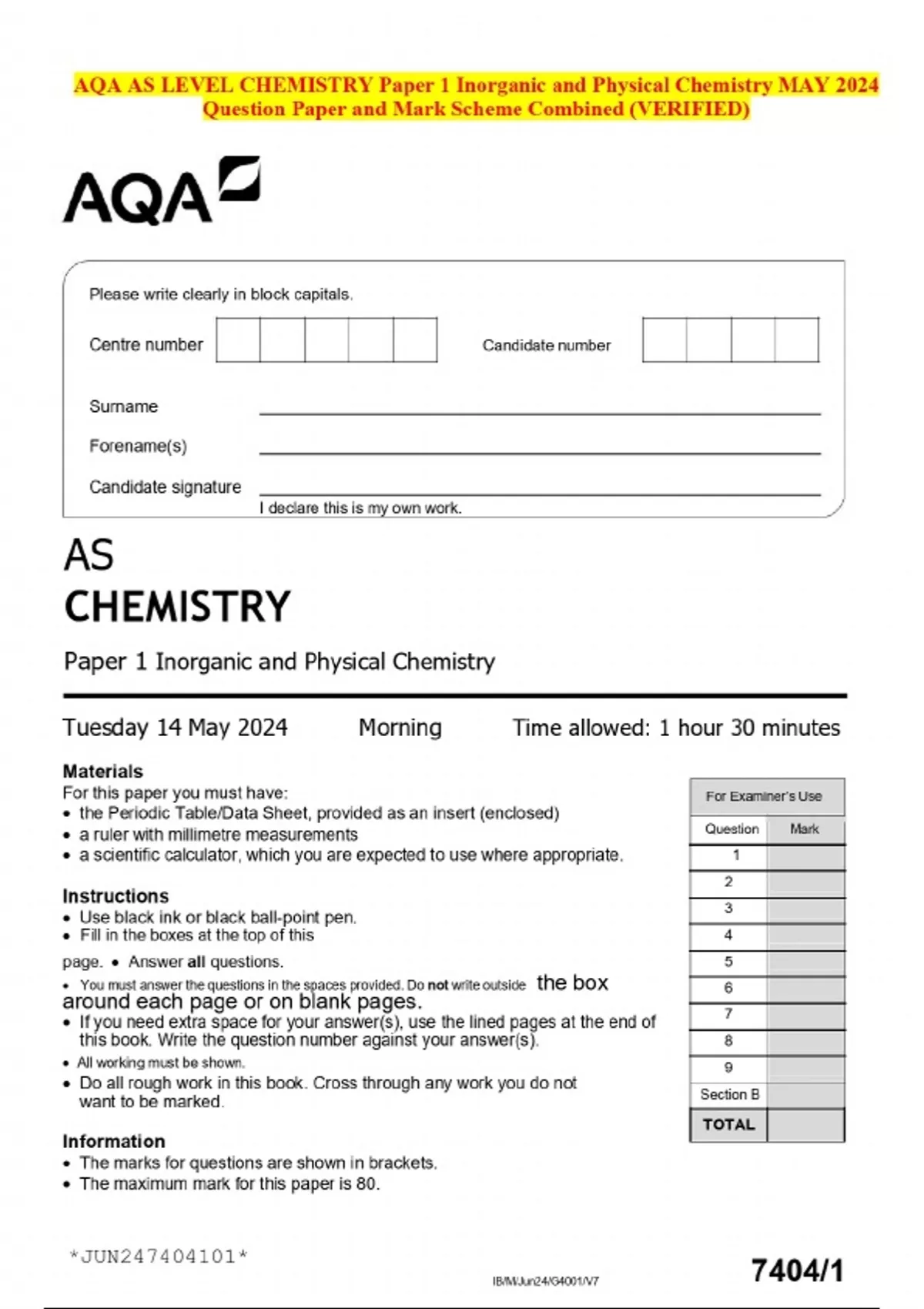 2024 AQA AS LEVEL CHEMISTRY Paper 1 Inorganic and Physical Chemistry ...