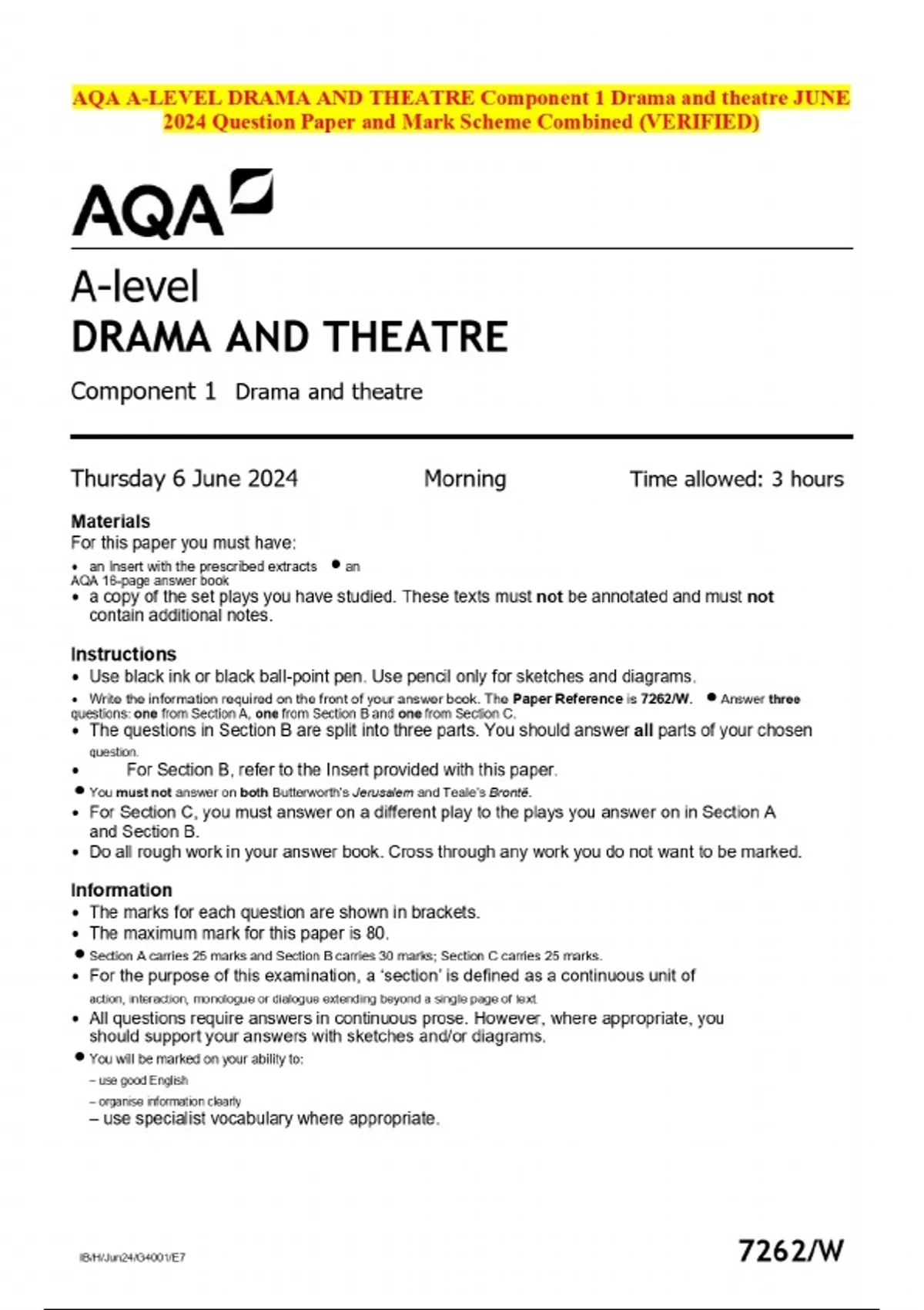 2024 AQA A-LEVEL DRAMA AND THEATRE Component 1 Drama and theatre JUNE ...