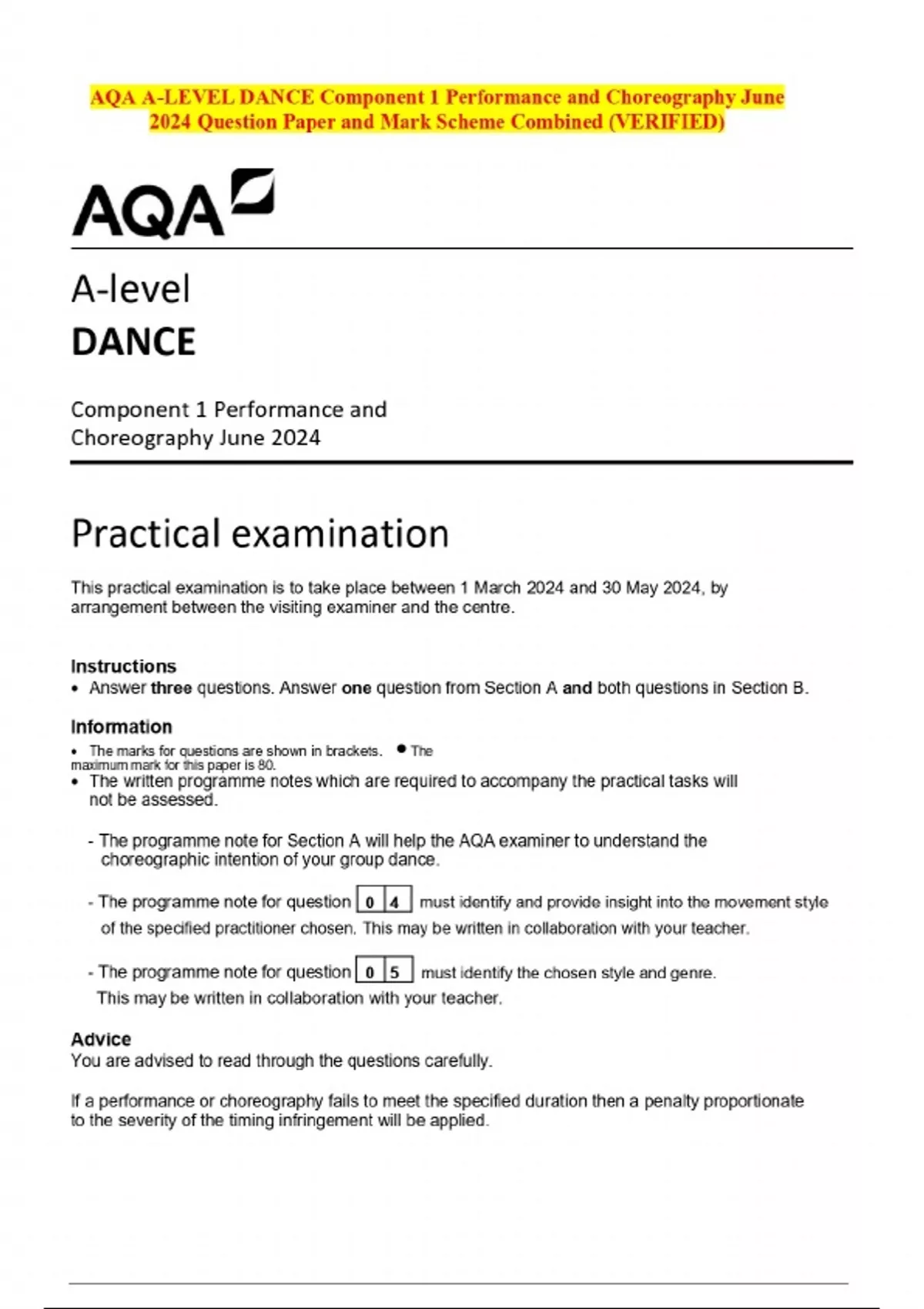 2024 AQA A-LEVEL DANCE Component 1 Performance and Choreography June ...